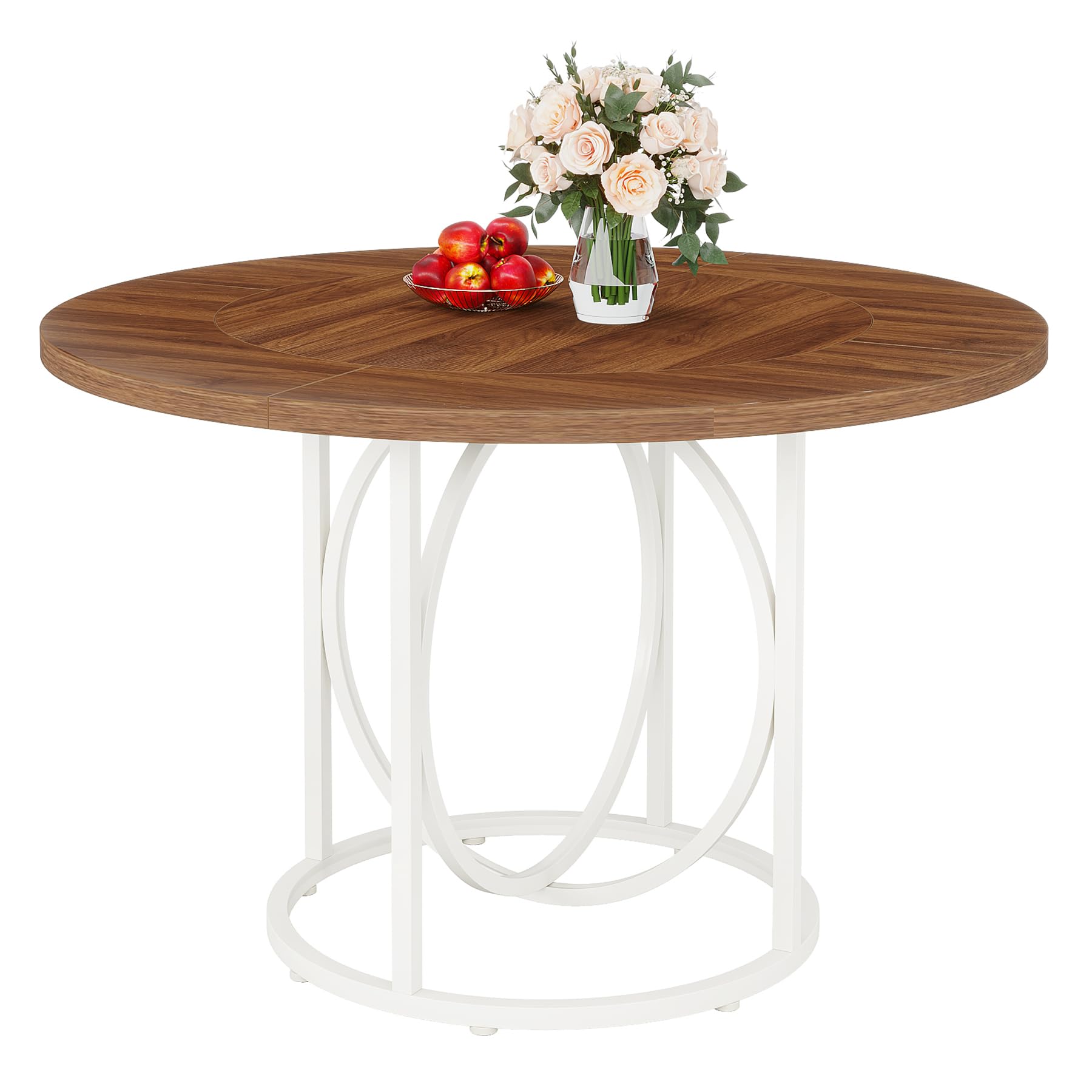 Tribesigns Modern Round Dining Table for 4-6, 47 Inch Brown Kitchen Table with White Base, Wood Dinner Table Coffee Table for Home Dining Room, Kitchen, Living Room, Apartment, Cafe’