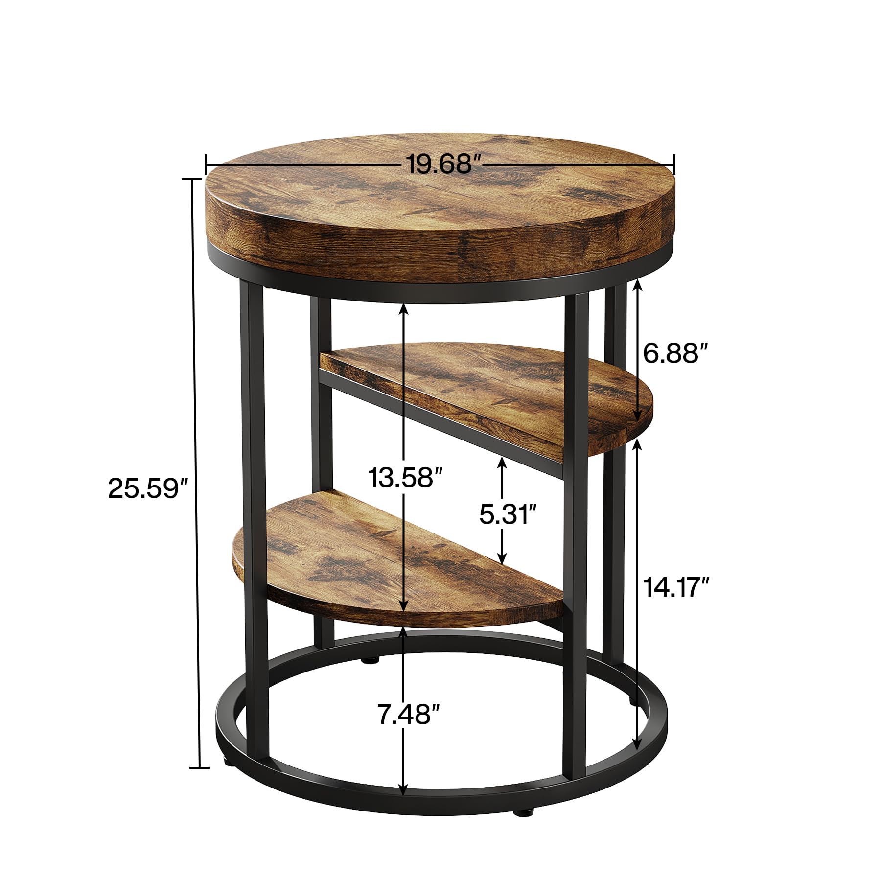Tribesigns Round End Table, Small End Table with 3 Storage Shelves, Wood Side Table for Small Spaces, Industrial Sofa Side Table for Living Room, Rustic Brown Nightstand and Bedside Table for Bedroom