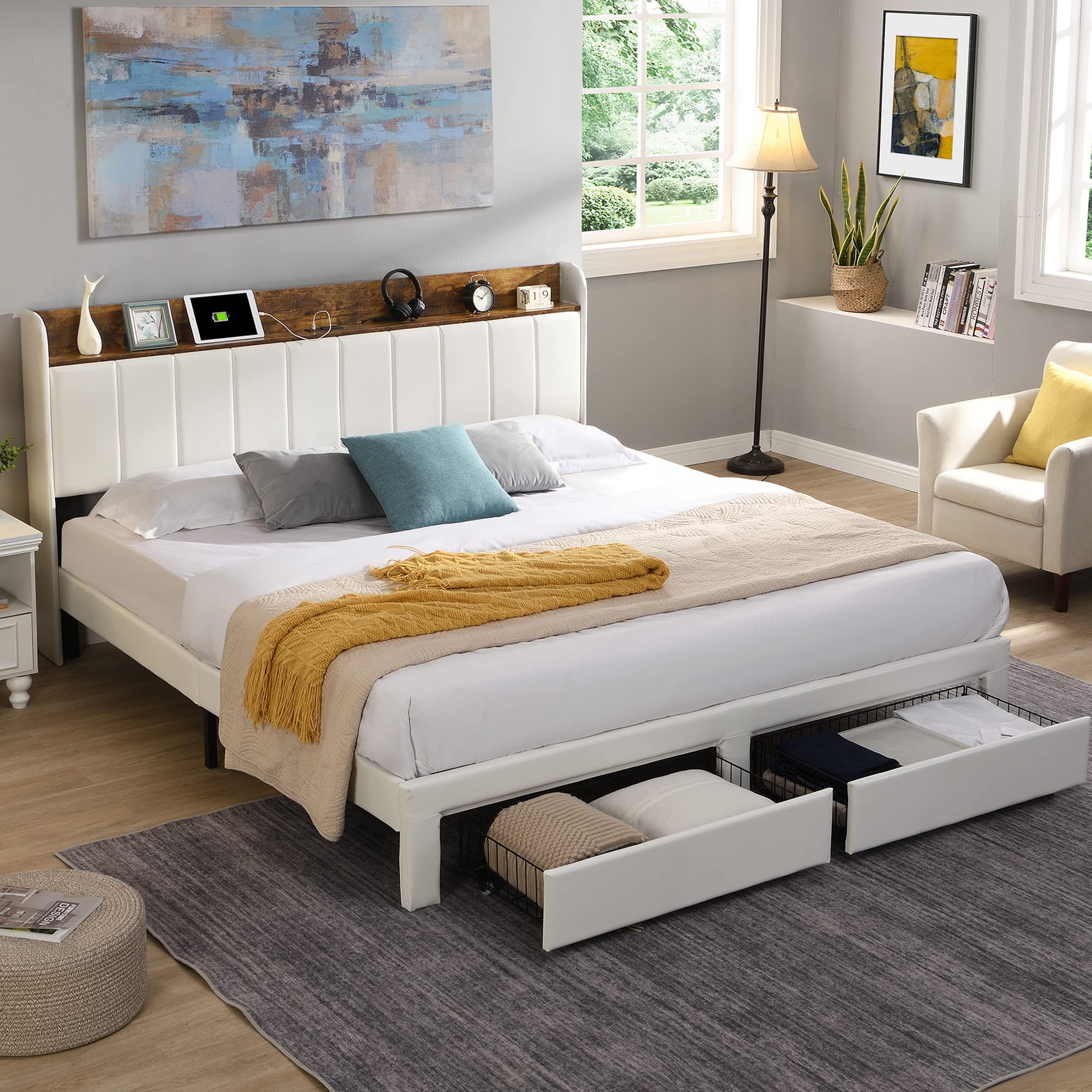 XKLOGER Upholstered Bed Frame King Size with Headboard, Platform King Bed Frame with Storage Drawers & Charging Station, No Box Spring Needed/Noise Free/Heavy Duty/White