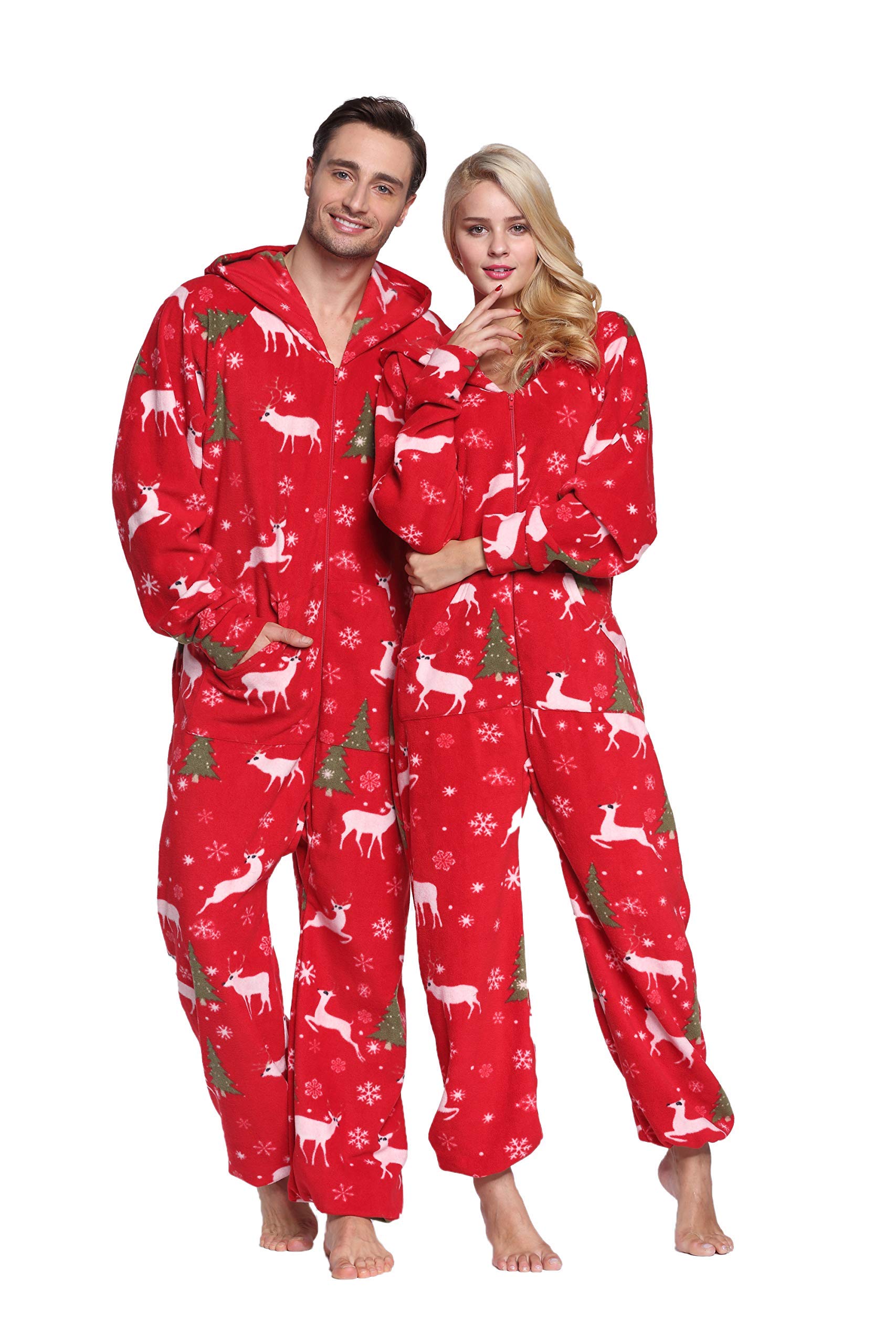 XMASCOMING Women's & Men's Hooded Fleece Onesie Pajamas Brown Size US XL