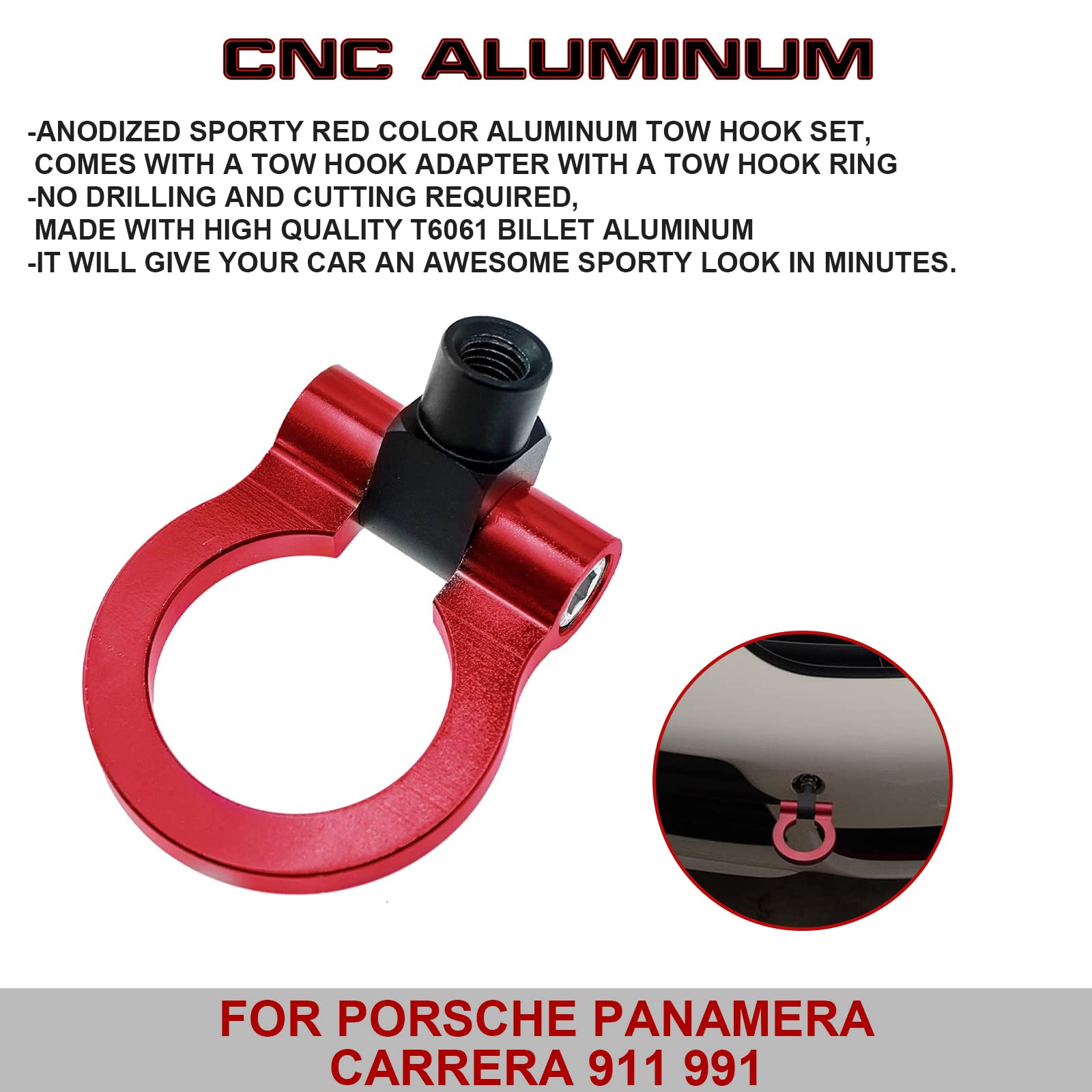 Xotic Tech Sport Track Racing Style CNC Aluminum Screw-on Tow Hook Front Bumper Compatible with Porsche Panamera, Carrera 911 991 (Red)