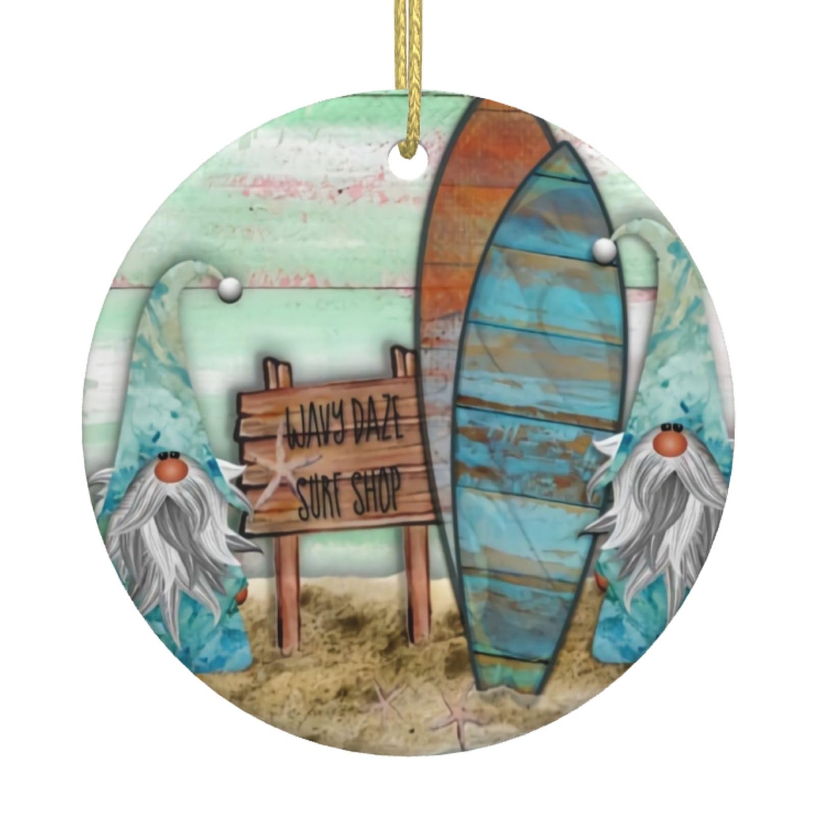 Tropical Surfing Watercolor Beach Gnomes Christmas Ornaments Double-Sided Printed Round Ceramic Christmas Tree Hanging Ornaments for Home Holiday Party Decorations