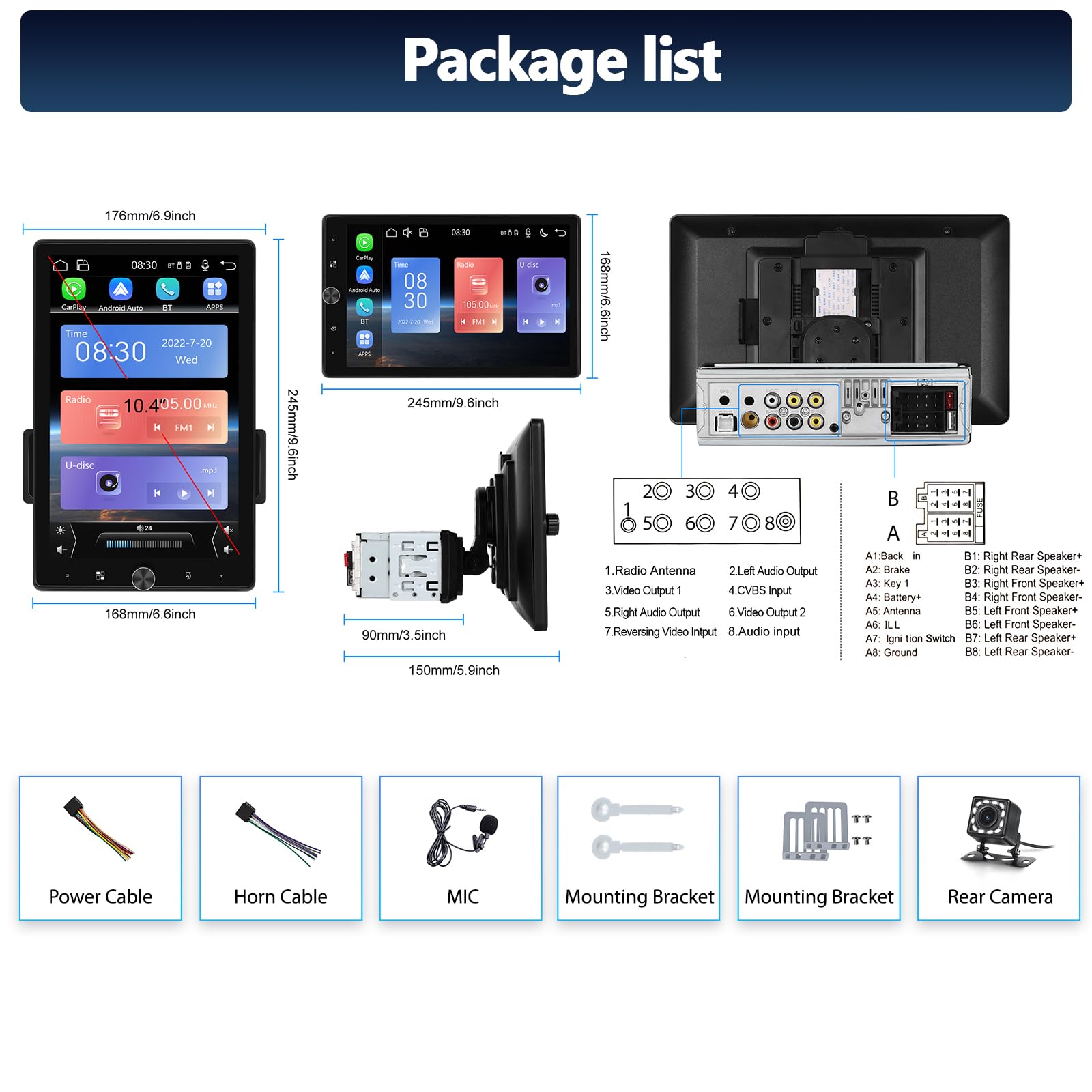 Single Din Apple Carplay Car Stereo with Android Auto, 10.4β Rotatable Vertical Touchscreen Bluetooth Car Radio with Mirror Link | Voice Control | FM Radio | 16-band EQ | USB | TF | AUX+Backup Camera