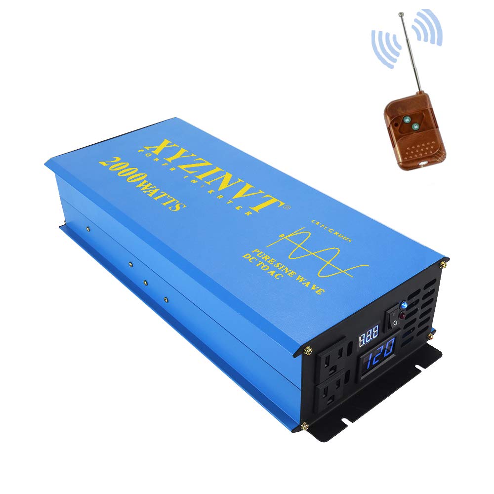 XYZ INVT 2000 watt 2kw Pure Sine Wave Power Inverter dc 12v to ac 120v with LED Display and Wireless Remote Controller for RV Car Off-Grid Solar System (2000w 12v RC)