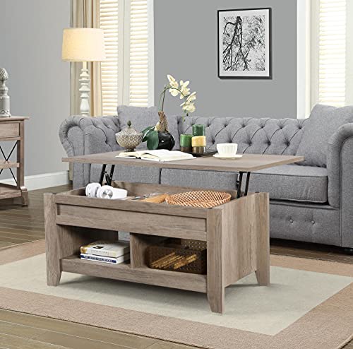 Yaheetech Lift Top Coffee Table, Coffee Table with Hidden Storage Compartment & Lower Shelf, 41in Center Table for Living Room, Office, Grey