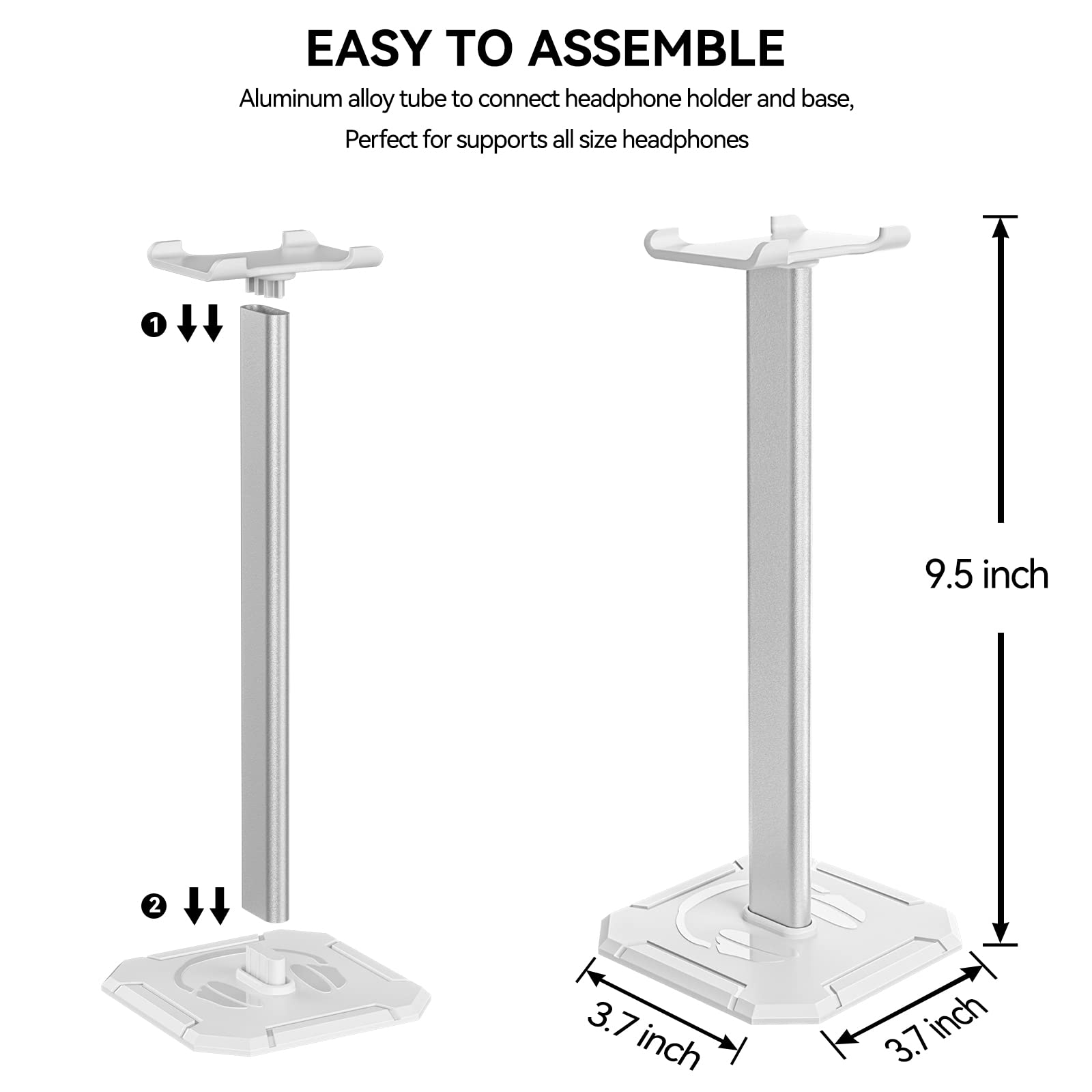 TuparGo Headphone Stand for Desk, Standing Computer Headset Holder,Aluminum Tube Connection and Easy to Assemble ,Suitable for All Over-Ear Headphone (White, 2-Pack)