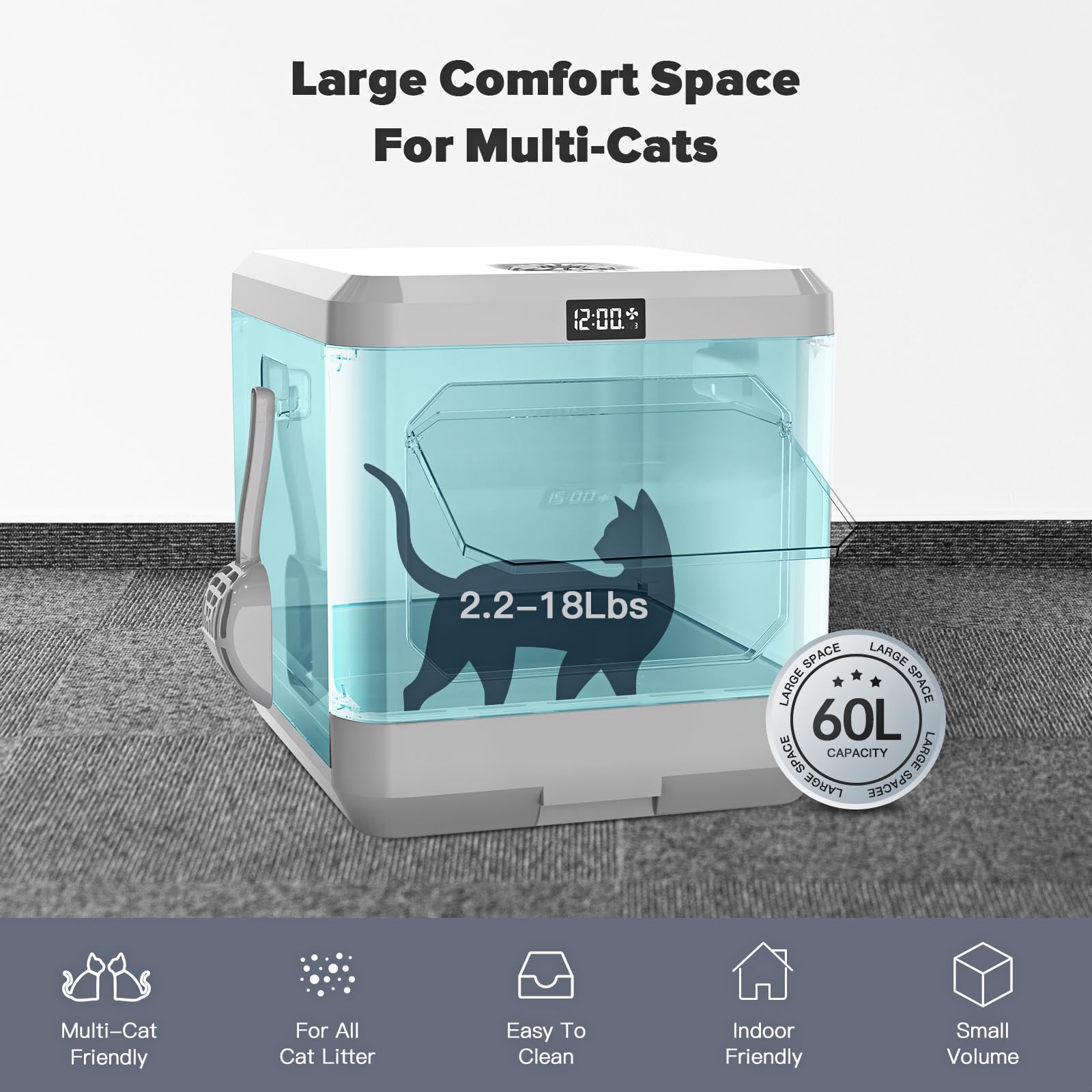 Smart Odor Control Cat Litter Box, XL Covered Litter Box for Multiple Cats, Indoor Enclosed Large Cat Litter Box with Lid, Anti-Leakage, Easy Clean, includes Scoop and Mat