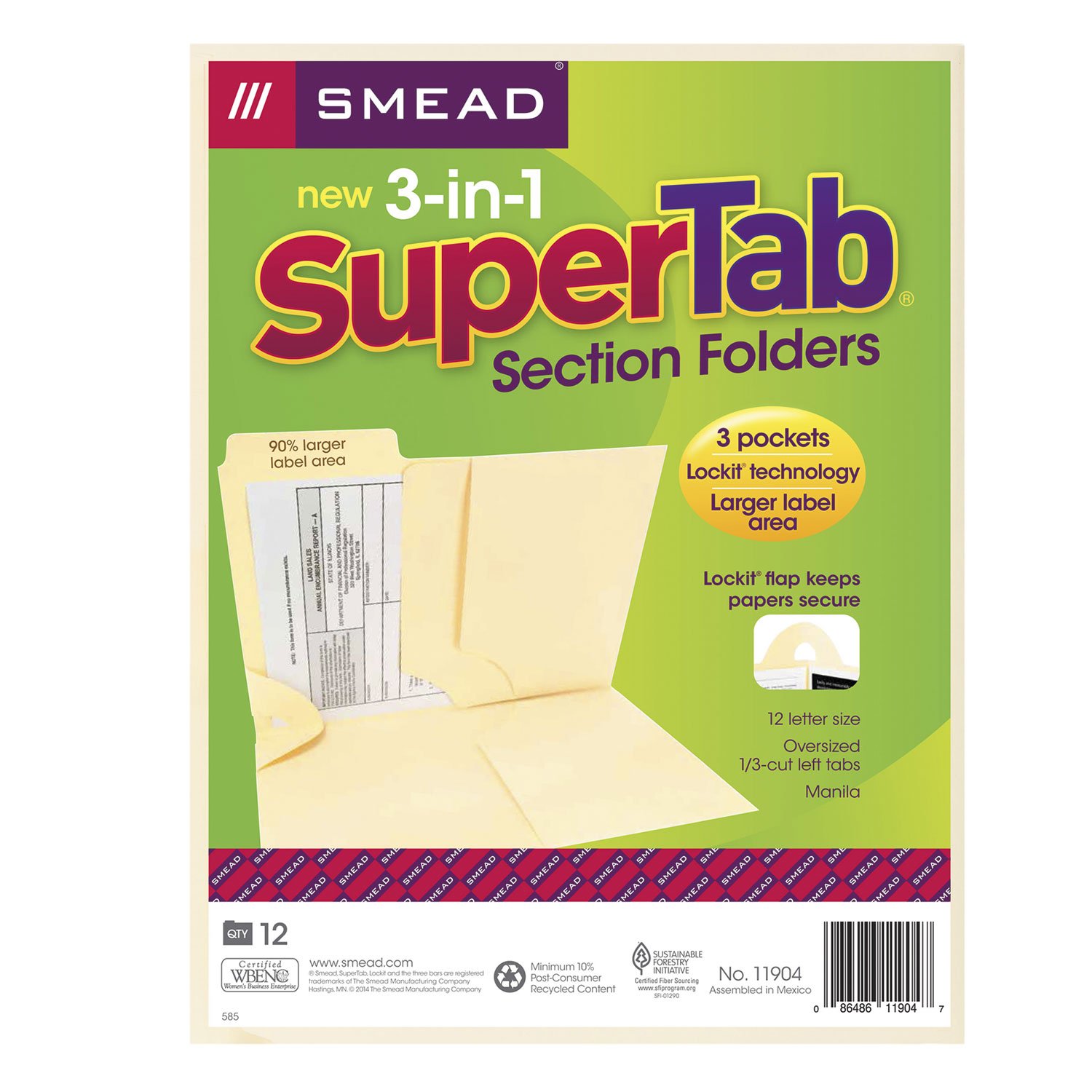 Smead 3-in-1 SuperTab Section Folder, Oversized 1/3-cut Tab, Letter Size, Manila, 12 Per Pack (11904)