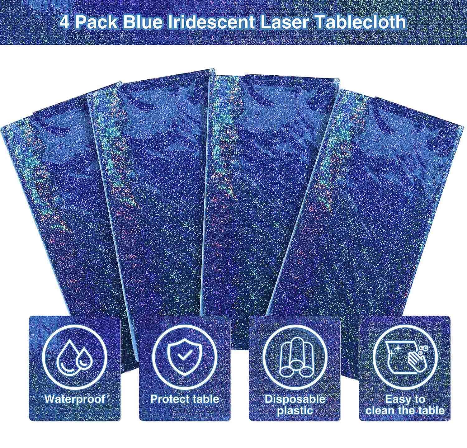 Smilelife 4 Pack Iridescence Tablecloths Shiny Disposable Laser Table Covers Rainbow Holographic Foil Tablecloth for Birthday Party Decorations Wedding Christmas 54" x 108" (Blue)
