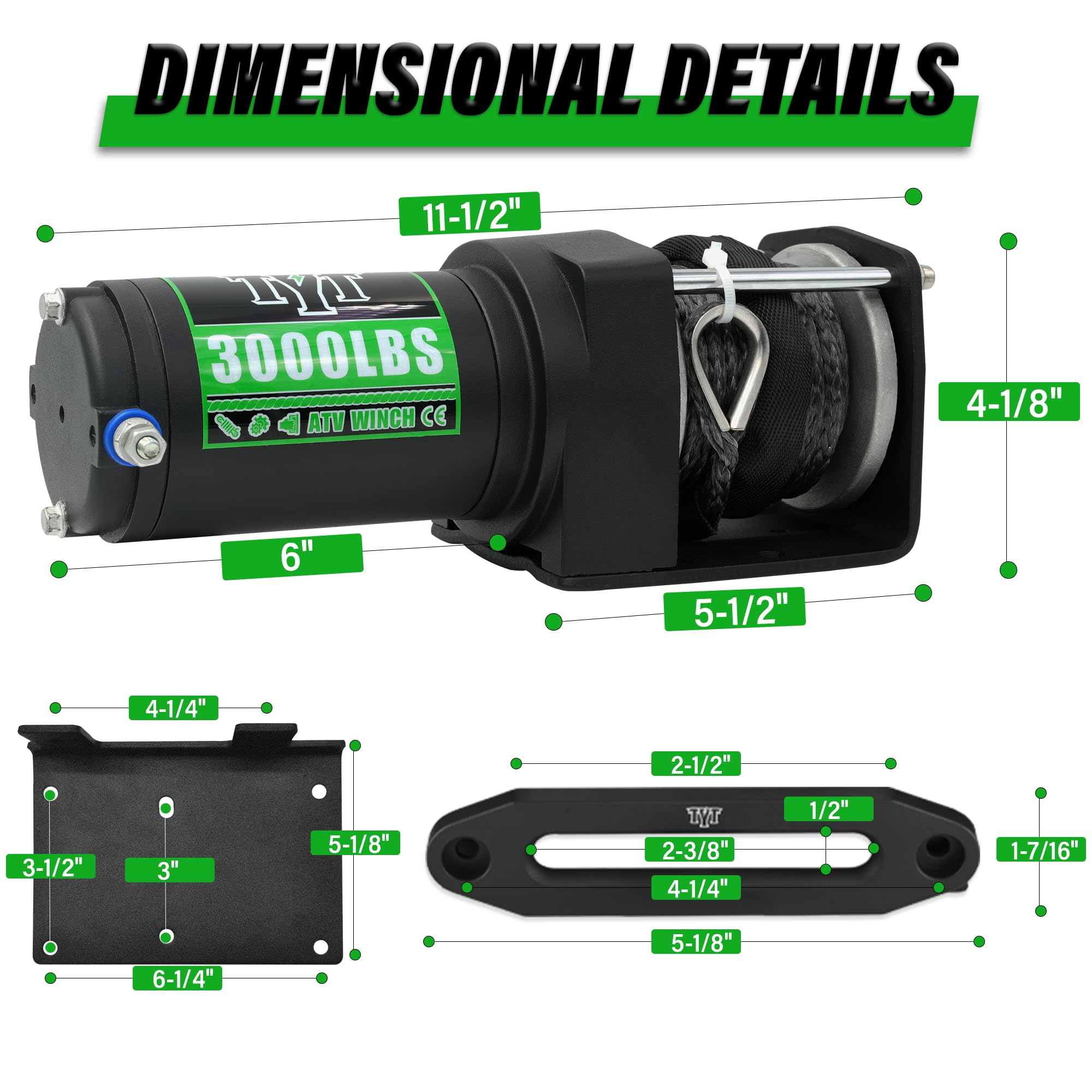 TYT 2000 lb. ATV/UTV Winch with Synthetic Rope Kits, 12V Winch for Towing, Boat, Off-Road, Waterproof Winch with Winch Mounting Plate and Wired Remote