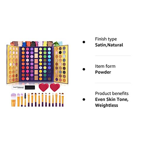 UCANBE 5pcs Eyeshadow Makeup Set -114 Shades MIRROR Eye Shadow Palette, 15 Soft Brushes Set, 1 Eye Primer Base, 2 Make up Blending Sponges, All In One Gift Kit