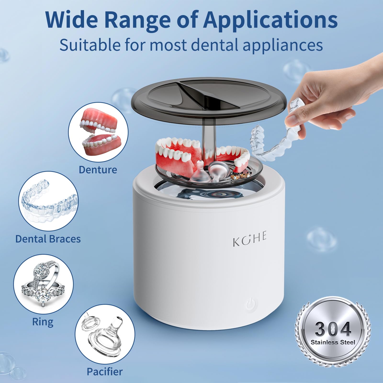 Ultrasonic Retainer Cleaner for Dentures - Jewelry Cleaner for Retainer, Aligner, Jewelry, Mouth Guards, Toothbrush Head, Shaver Head