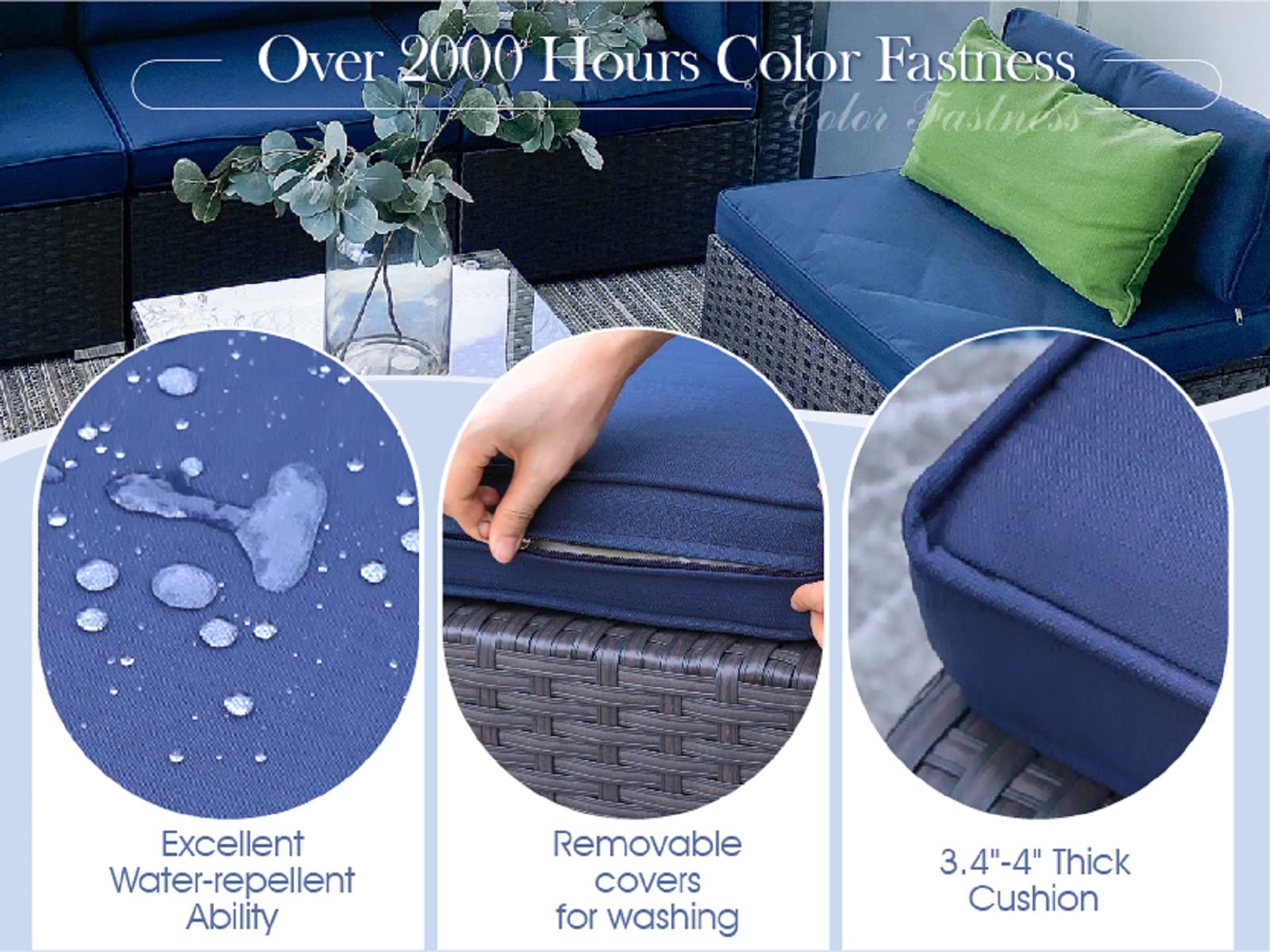 Sophia & William Patio Furniture Set with Fire Pit Table,15 Piece Outdoor Wicker Conversation Set with 56-Inch Fire Pit, Rattan Sectional Sofa, Navy Blue