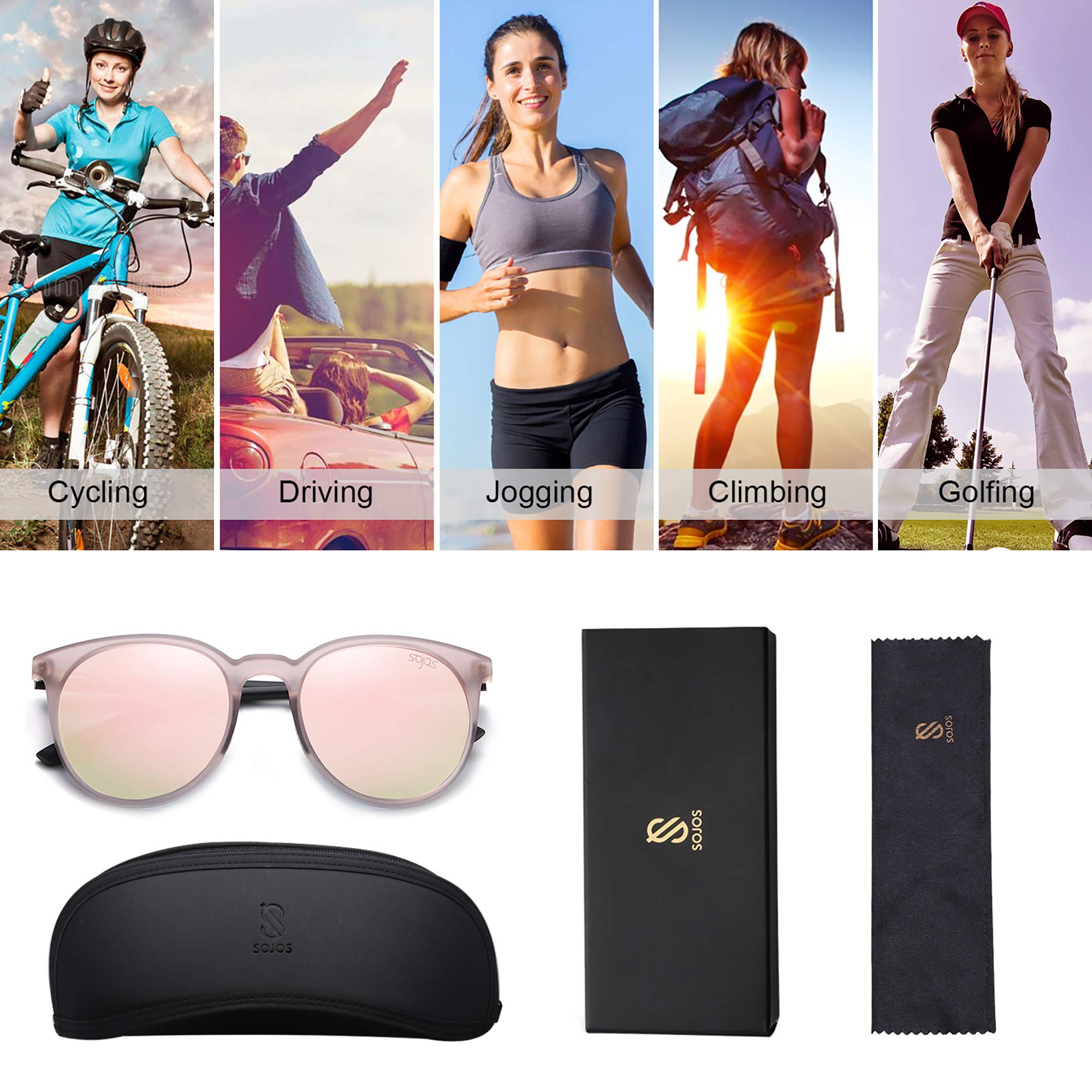 SOJOS Oversized Round Polarized Sports Sunglasses for Women Men, Ultralight TR90 Frame Sport Sunglasses SJ2092, Matte Crystal Greyish Pink Frame/Pink Mirrored Lens