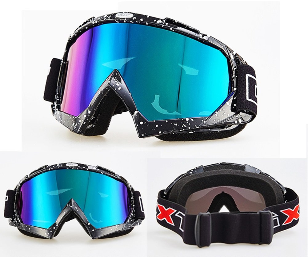 Wonzone Off Road Riding Motorcycle Goggles Windproof Snowboard Ski Goggles Eyewear Adjustable UV Protective Outdoor Glasses Motorcycle Cross-country Goggles (Black Frame White Dot, Rainbow)