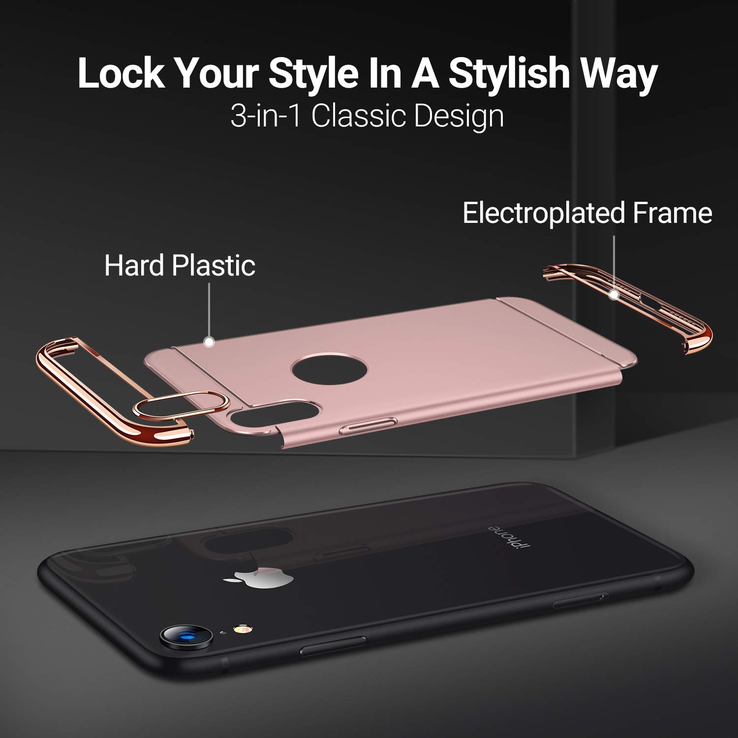 TORRAS Lock Series Designed for iPhone XR Case, 3-in-1 Luxury Hybrid Hard Plastic with Gold Trim Matte Finish Slim Thin Phone Case, Rose Gold