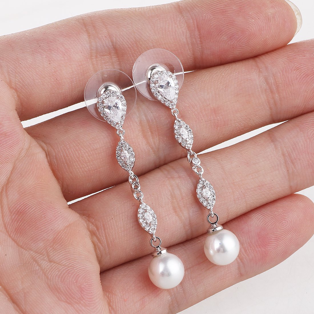 Wordless Love Pear CZ Long Wedding Earrings with Genuine Shell Pearl Drops Earrings