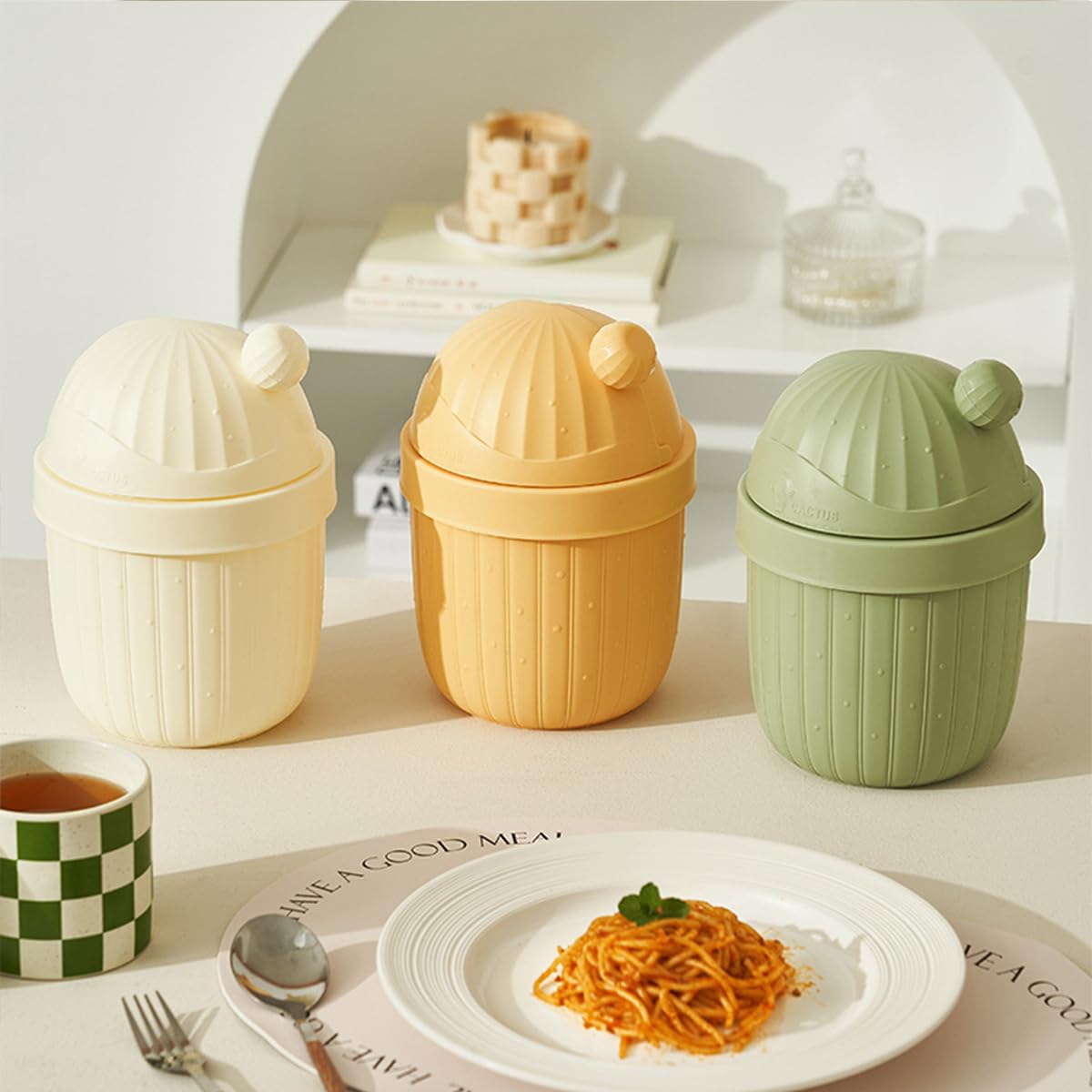 Ujk-TyLun Cute Desktop Trash Can Wastebasket and 120 Trash Bags, Mini Cactus Garbage Can with Flip Lid, Tiny Plastic Storage Bin for Countertop Table, Office, Kids Bedroom, 15 * 15 * 21cm (Green)