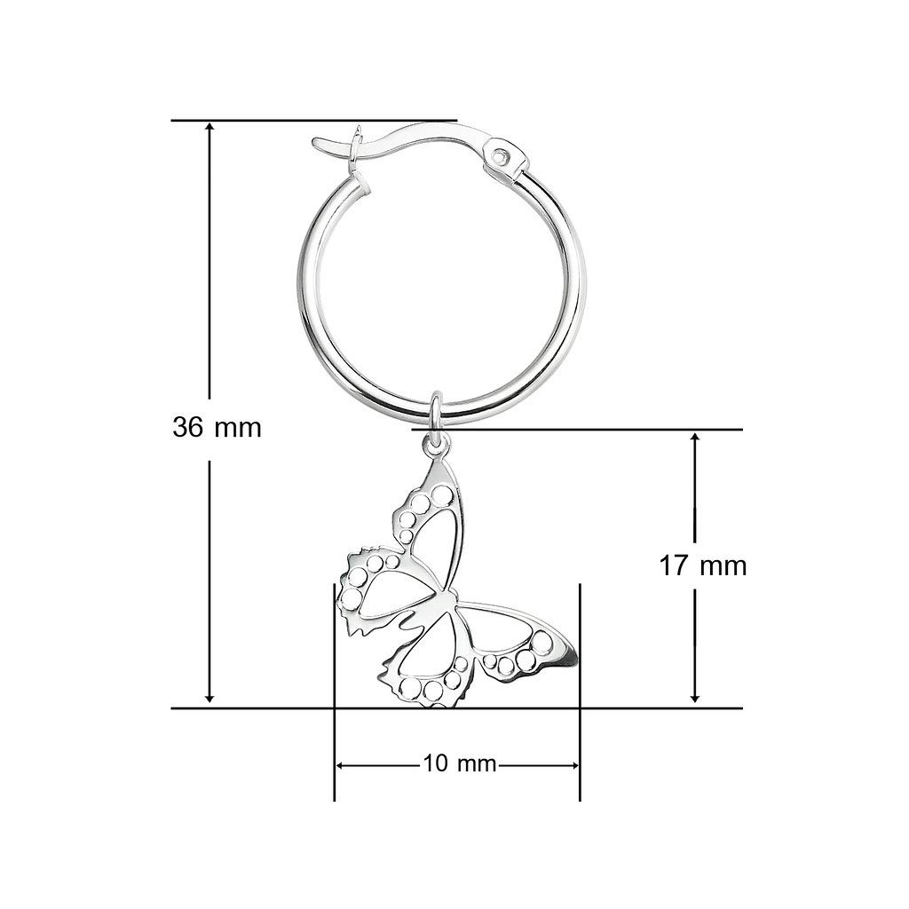 SolidSilver - Sterling Silver 20mm Polished Hoop Earrings with a Dangle Butterfly Charm Pendant
