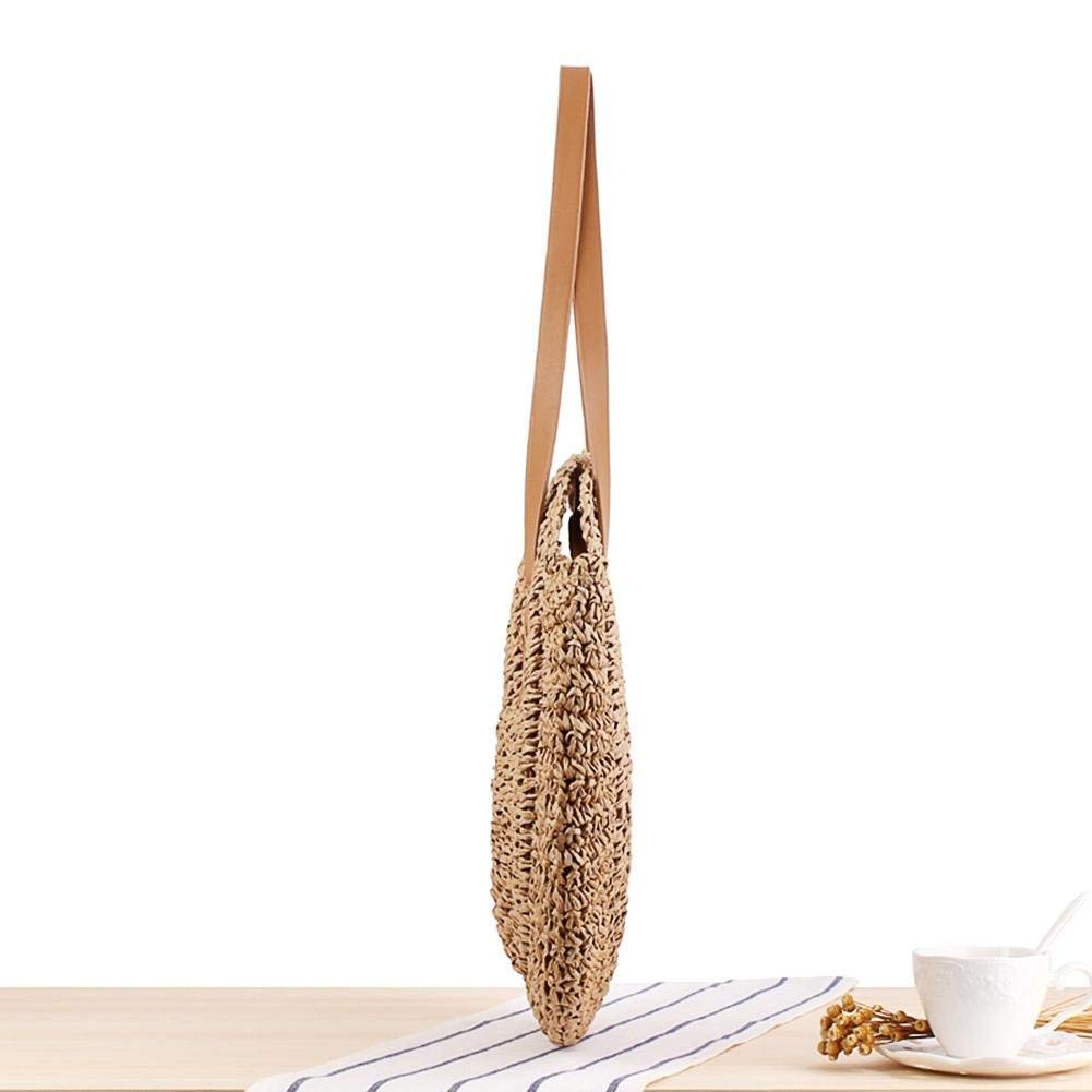 Women's Straw Handbags Large Summer Beach Tote Woven Round Pompom Handle Shoulder Bag(Khaki)
