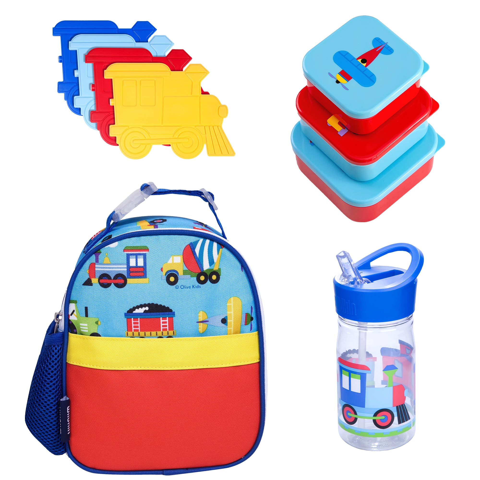 Wildkin Clip-In Lunch Box and Nesting Snack Container Bundle with Ice Pack and 16 Oz Water Bottle: Your Complete Mealtime Companion (Trains, Planes & Trucks)