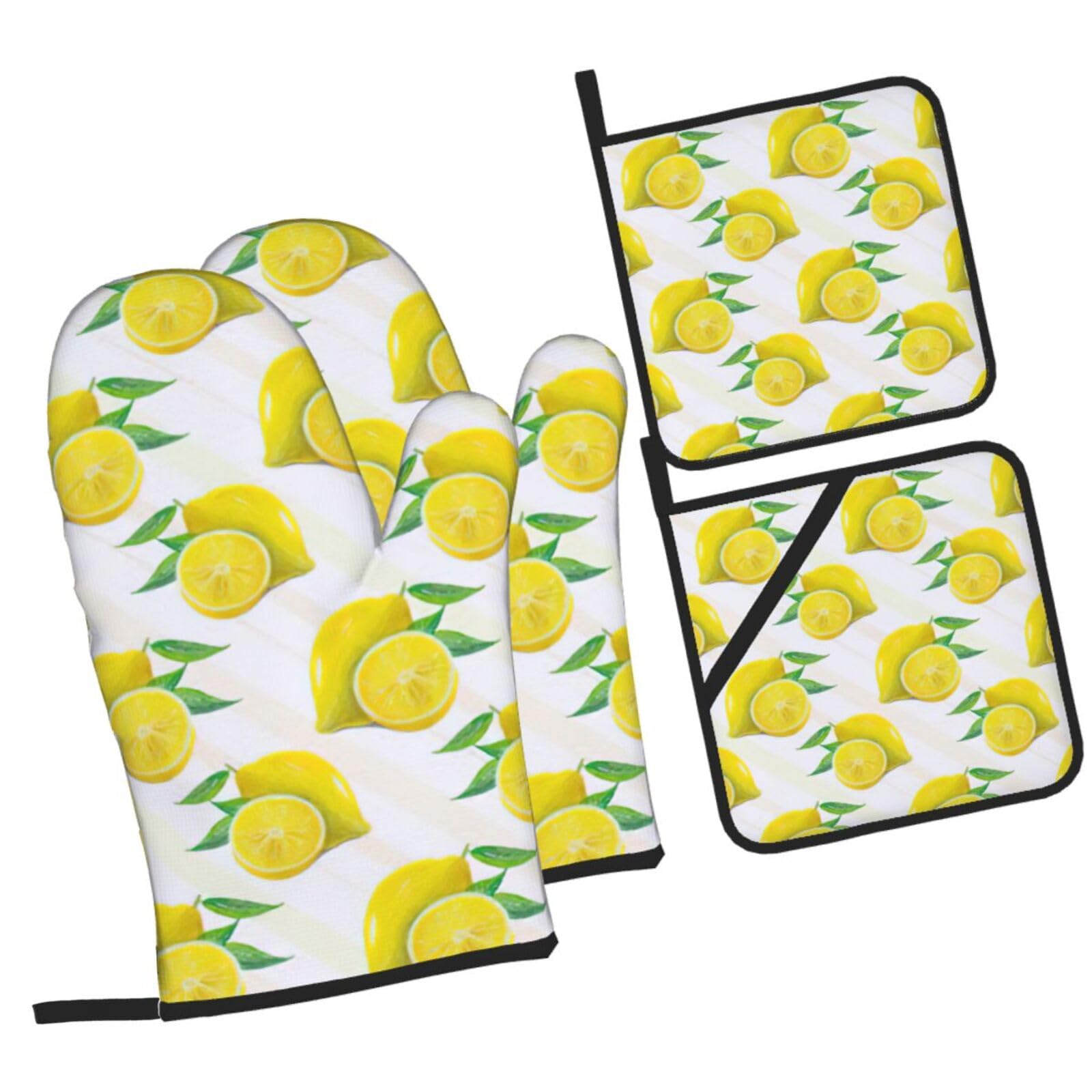 Yellow Lemon Kitchen Baking 4-Piece Set–Heat Resistant Oven Mitts and Pot Holders Kitchen Hot Pads