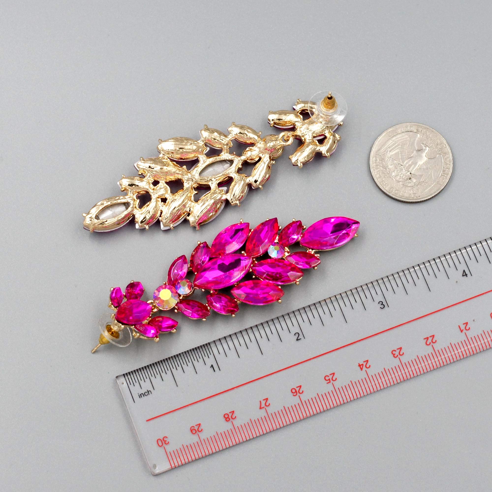 Womens Crystal Rhinestone Dangle Earrings Fuchsia Hot Pink for Proms Wedding Party