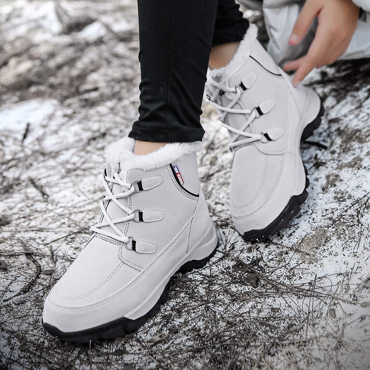 Womens Mid-Calf Snow Boot Women's Winter Warm Fur Plush Lightweight Ankle Boots Lady Resistance Cold Shoes Memory Foam(Grey,6.5 Women/5.5 Men