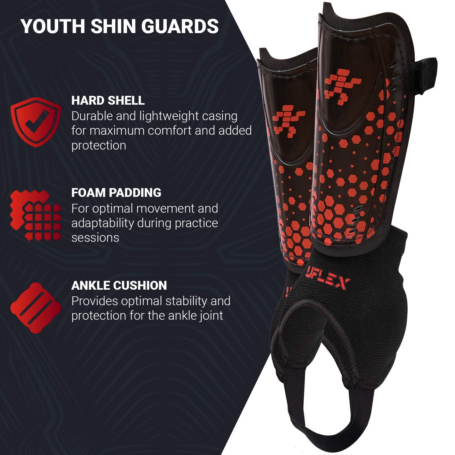Uflex Athletics Slip and Slide Shin Guards for Kids and Teens - Protective Soccer Gear for Boys and Girls with Padded Ankle Support - Non Slip Adjustable Straps (X-Small)
