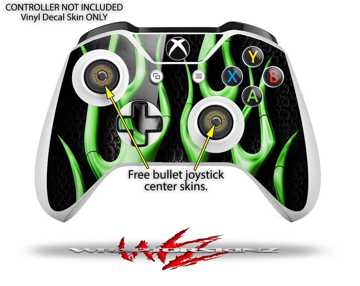 WraptorSkinz Decal Vinyl Skin Wrap Compatible with Xbox One S Console and Controllers - Metal Flames Green