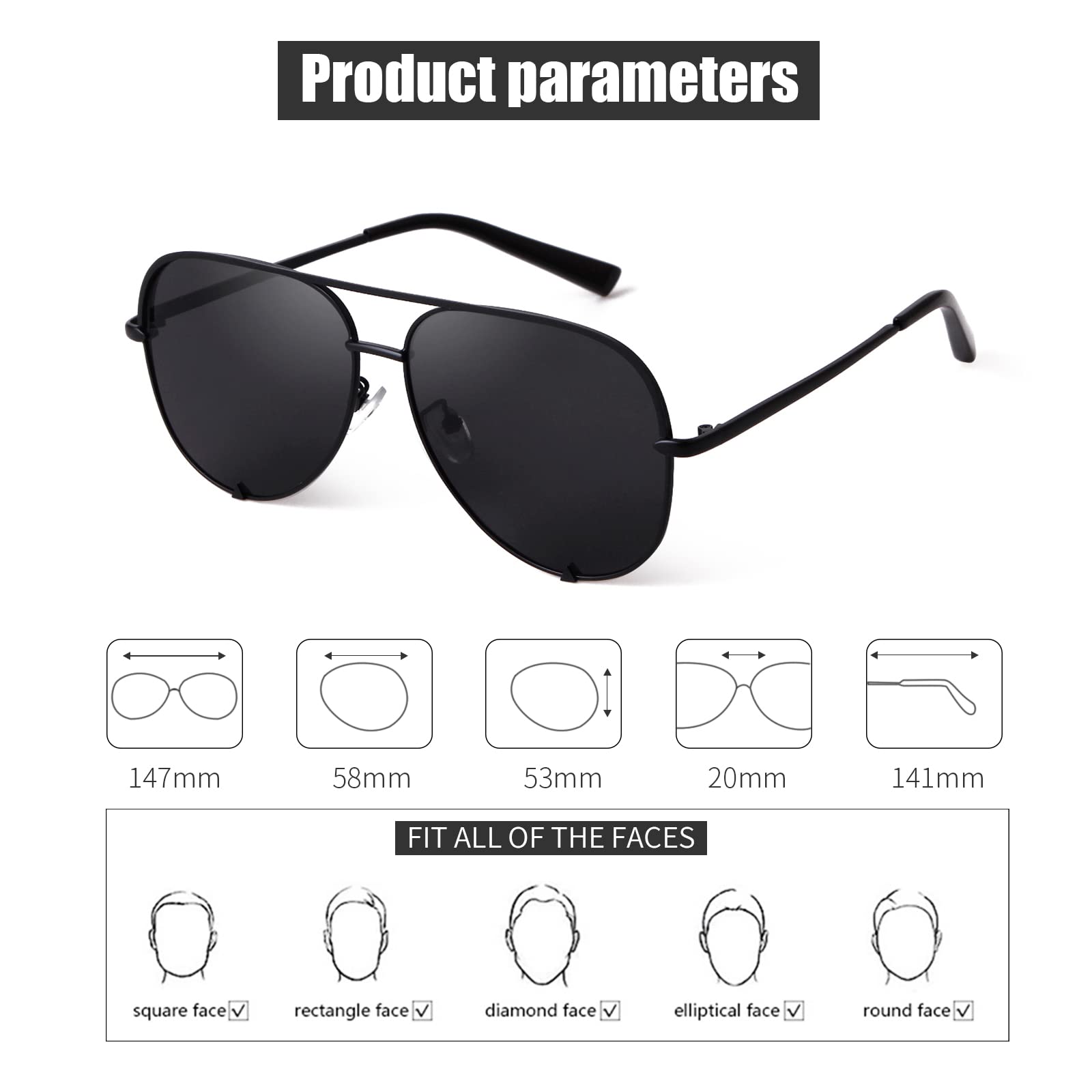SORVINO Aviator Sunglasses for Women Classic Oversized Sun Glasses UV400 Protection(Black/Black
