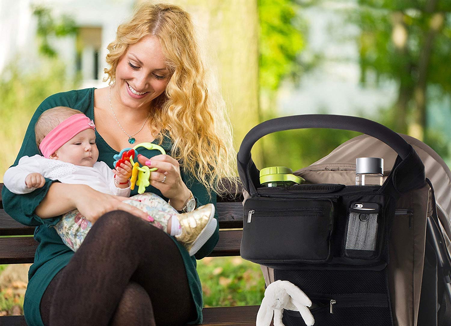 YEYUNTO STROLLER ORGANIZER with cup holders NON-SKID strap FITS ALL strollers, Compact Mirror, Storage for Phone, Wallet, Toys