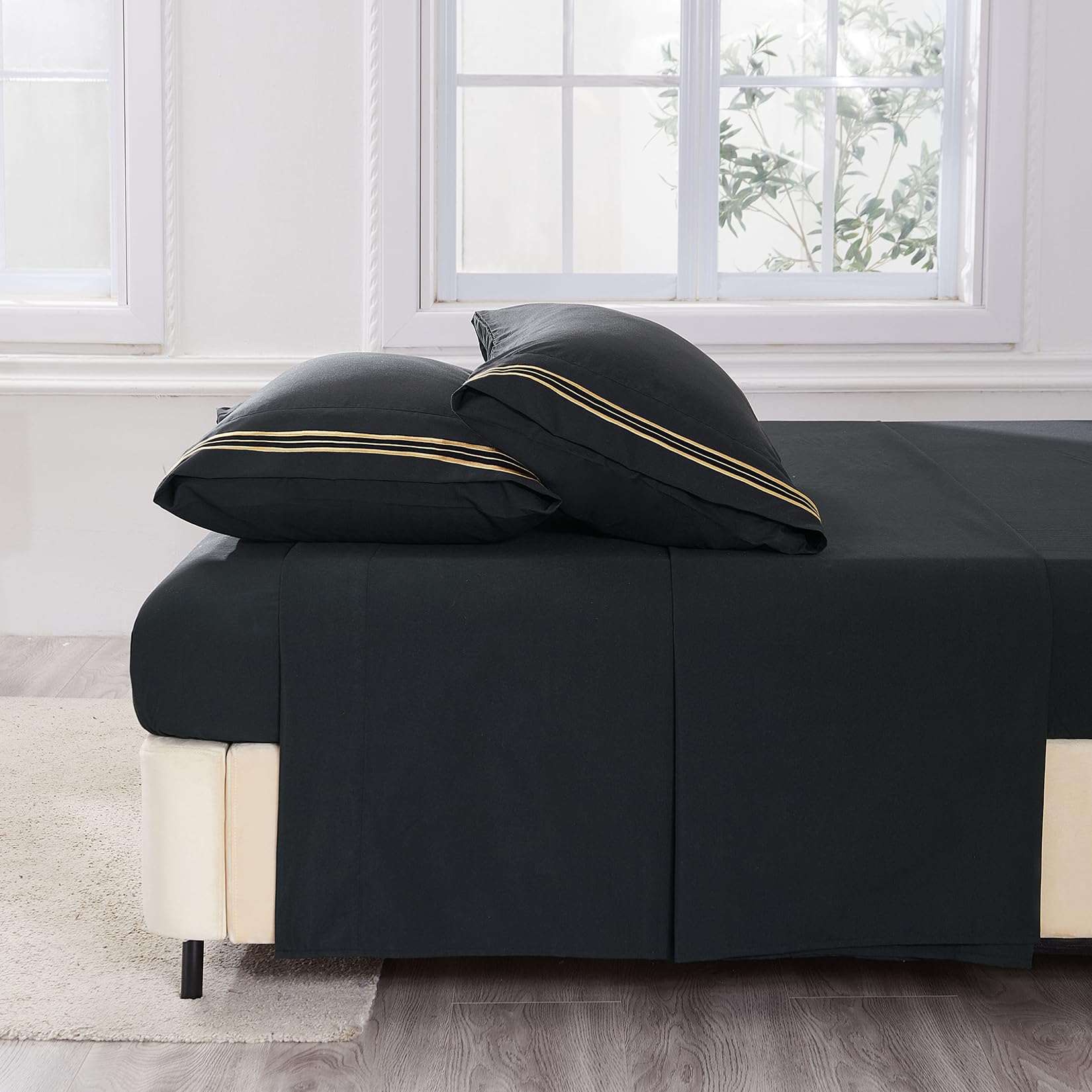 WODFAMY Microfiber Full Size Bed Sheet Set Extra Soft Deep Pockets Luxury Hotel Bed Sheets Breathable & Cooling Wrinkle Free 4 Piece Set Fulls Sheets Black&Gold