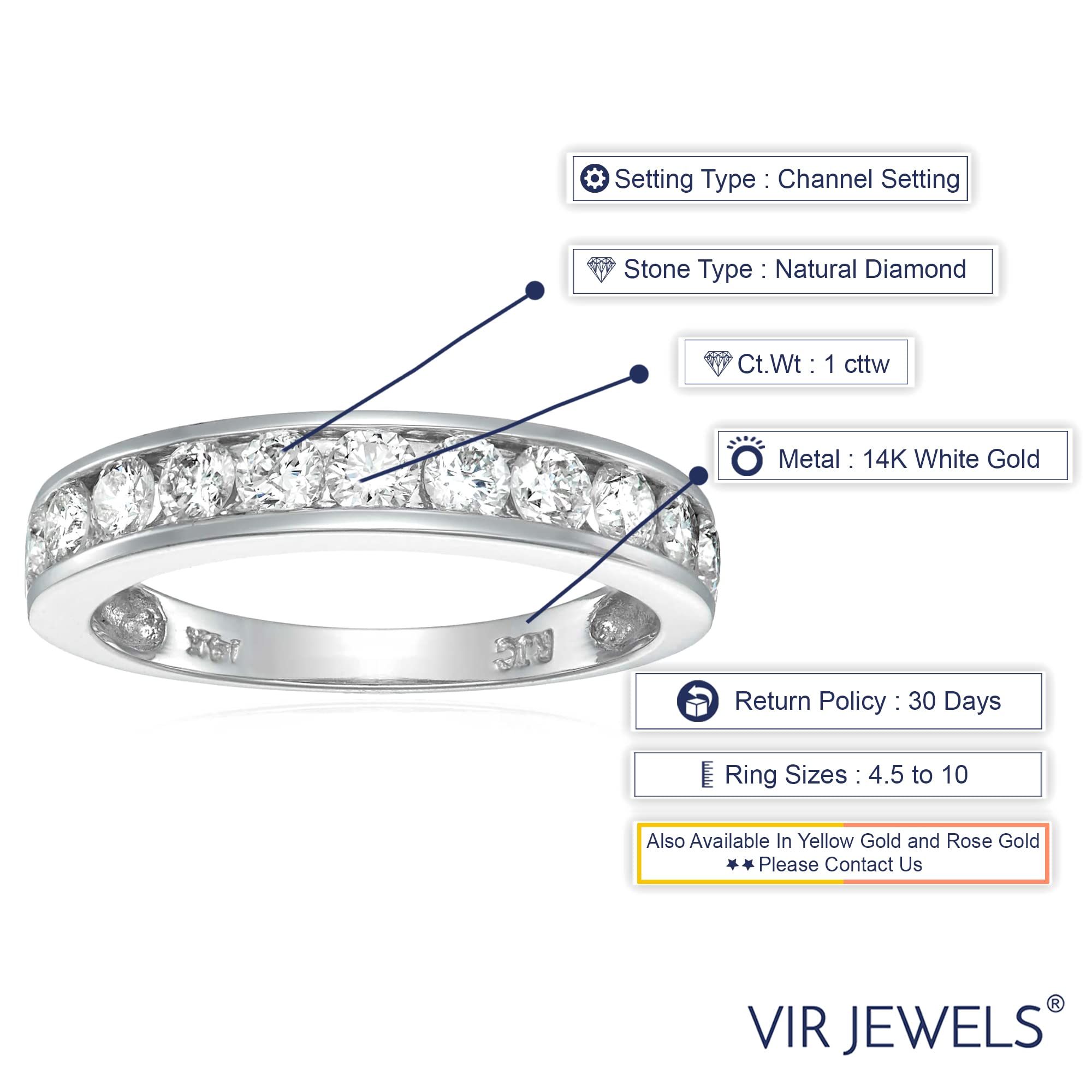 VIR JEWELS 1 cttw Diamond Wedding Anniversary Band for Women Half Eternity Diamond Engagement Ring 14K White Gold Channel Set SI2-I1 Clarity Certified Size 10