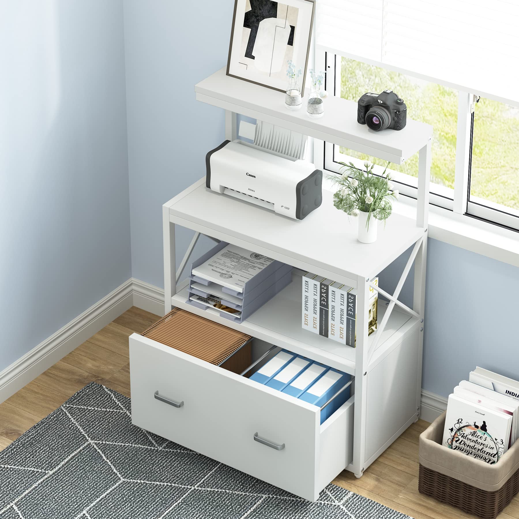 Tribesigns Lateral File Cabinet Modern Filing Cabinet with 1 Large Drawer, Printer Stand with 3 Open Storage Shelves for Home Office