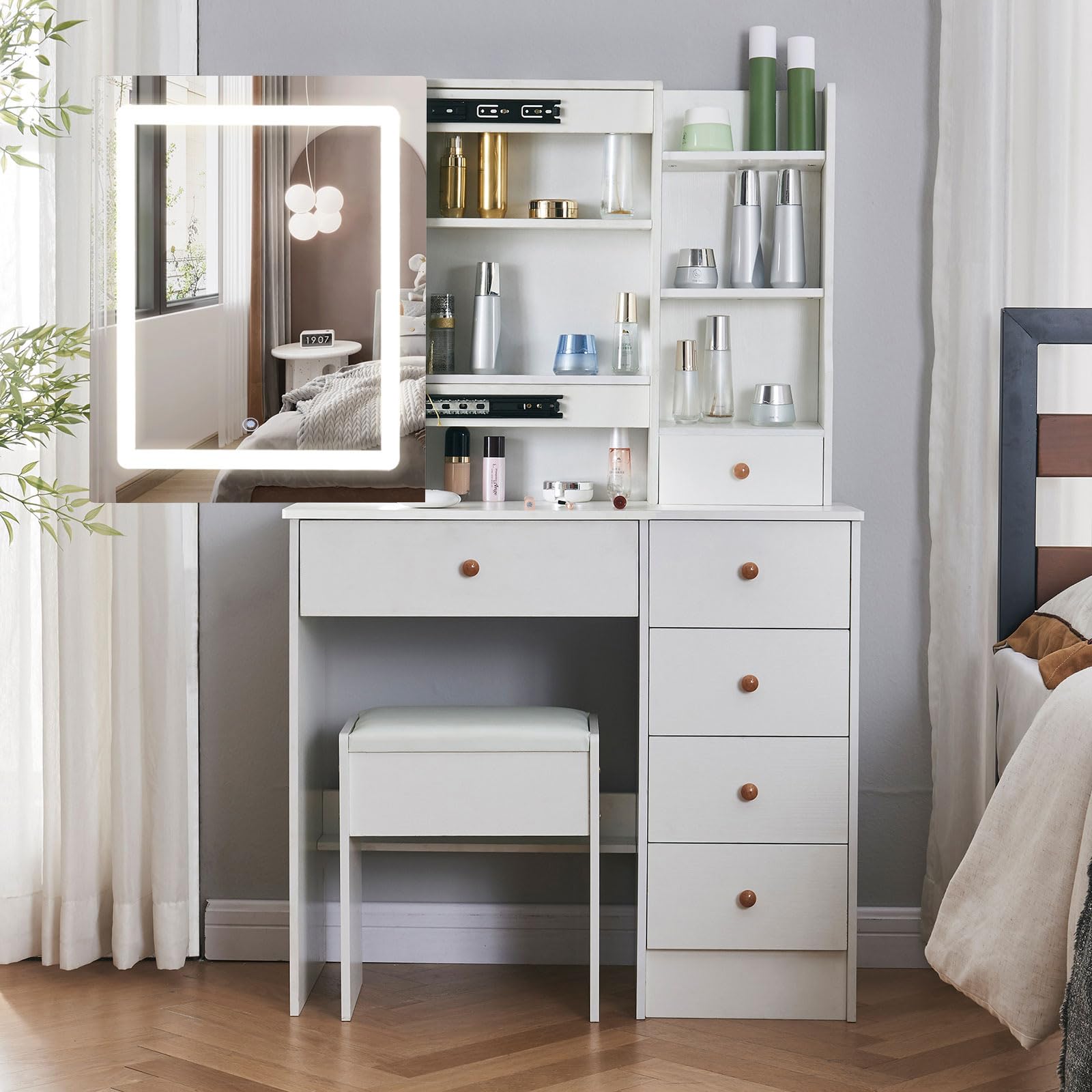 Vanity Desk Makeup Dressing Table with LED Lighted Mirror Cushioned Stool Set 3 Color Lighting Modes Storage Shelves 5 Drawers Brightness Adjustable Modern for Women Girls Bedroom White
