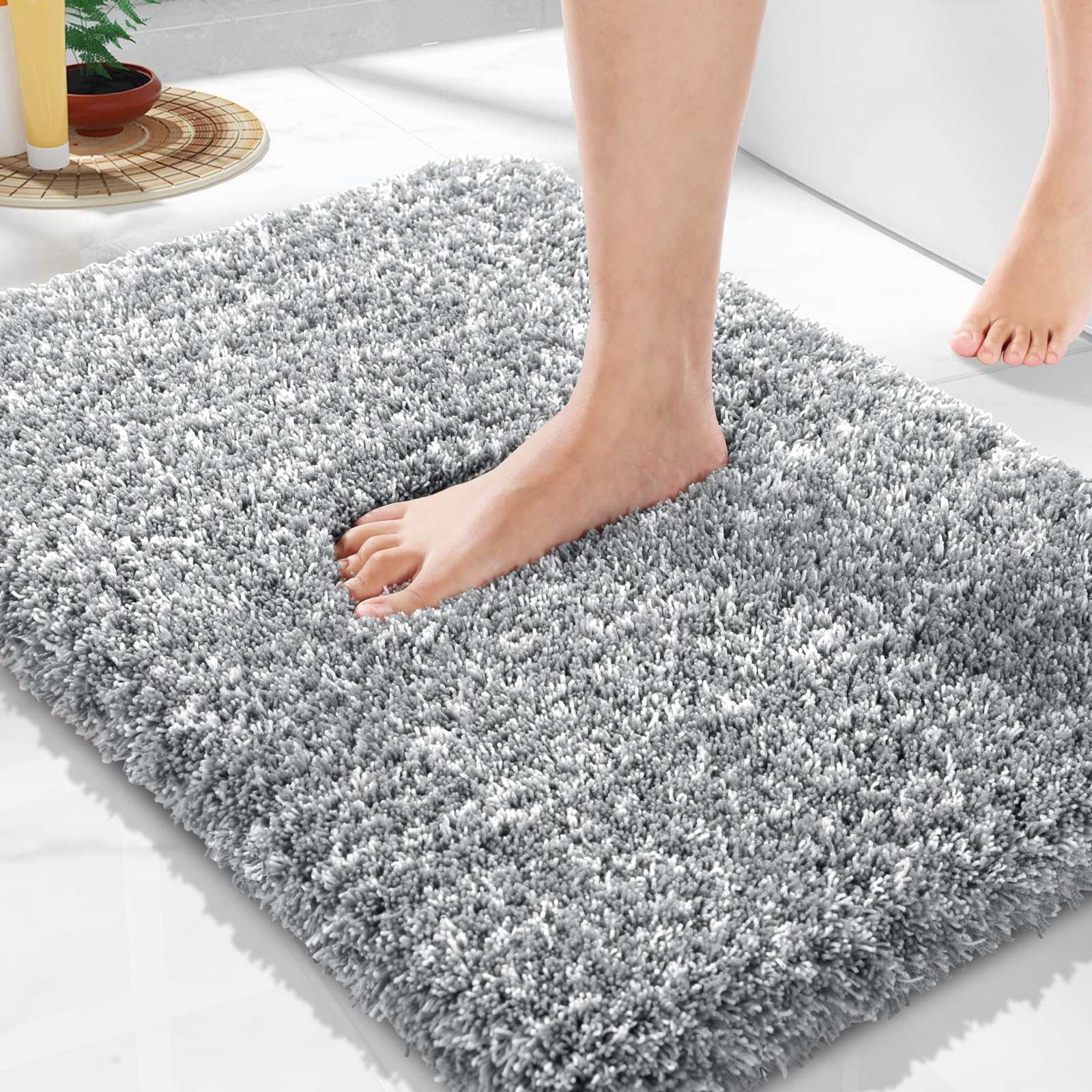 Yimobra Luxury Bathroom Rugs, Fluffy Bath Mats, Non Slip, Water Absorbent Microfiber, Machine Washable, Shaggy Plush Soft Shower Rugs, Thick Matts for Bathroom Floor & Sink, Light Gray and White