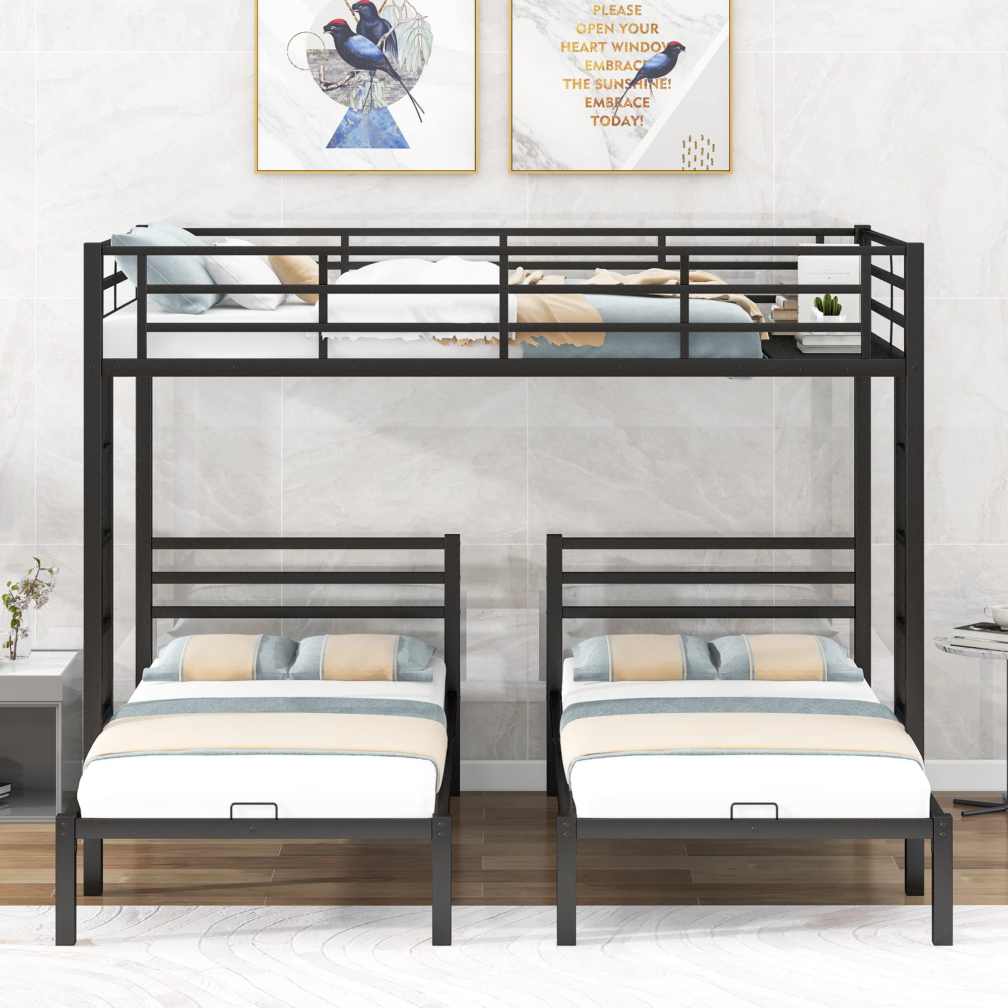 TARTOP Metal Triple Bunk Beds Full Over Twin & Twin Bunk Bed with Upper Built-in Shelf, 3 Bed Bunk Beds with 2 Ladders for Kids, Teens, Adults,Black