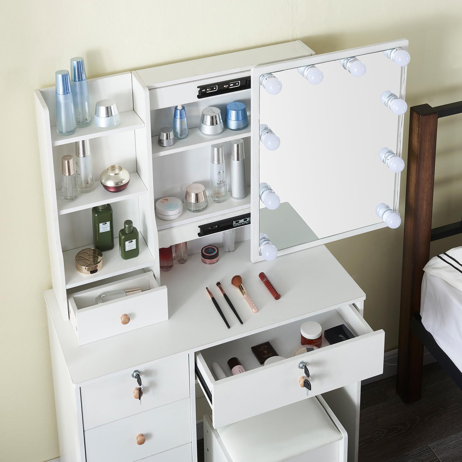Vanity Desk Makeup Dressing Table with LED Lighted Mirror Cushioned Stool Set 3 Color Lighting Modes Storage Shelves 5 Drawers Brightness Adjustable Modern for Women Girls Bedroom White
