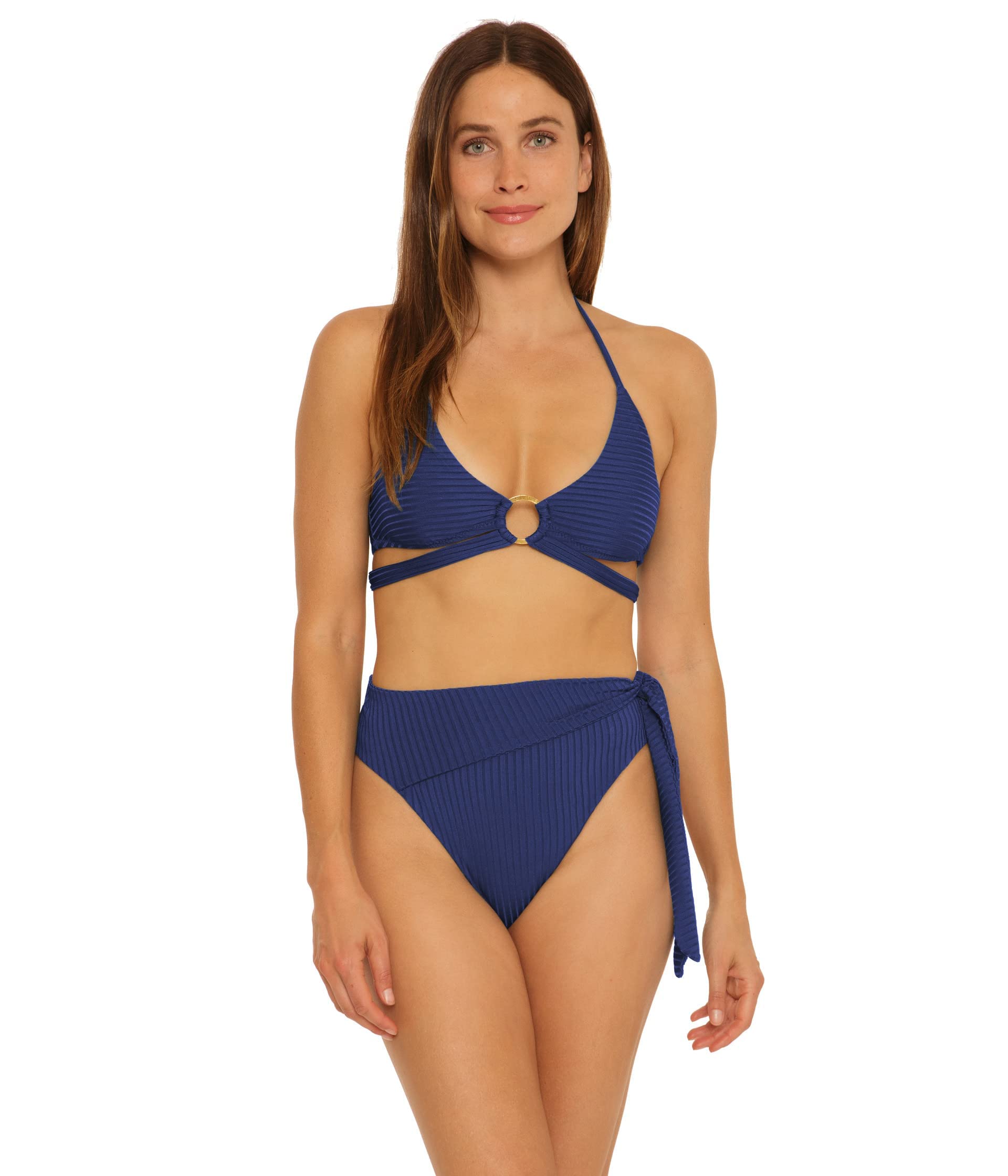 Trina Turk Women's Standard Olympia Ribbed High Waist Bikini Bottoms-Tie Wrap, Cheeky Coverage, Swimwear Separates, Ink, 10