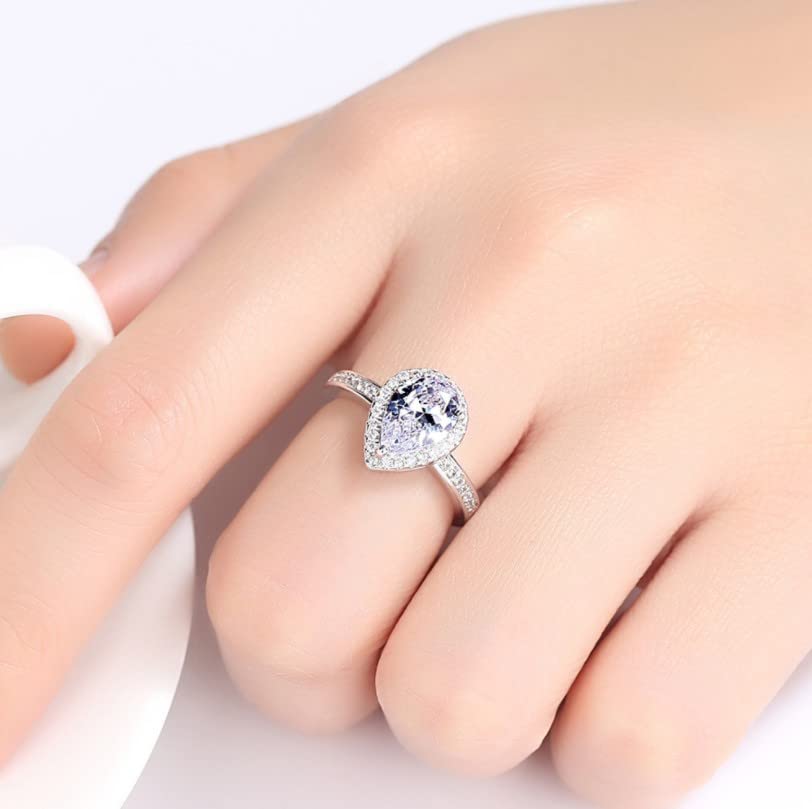 Xunuo Women's 18K White Gold Plated Teardrop Halo Pear Cut 3 Ct Cubic Zirconia CZ Solitaire Engagement Ring (US code 8)