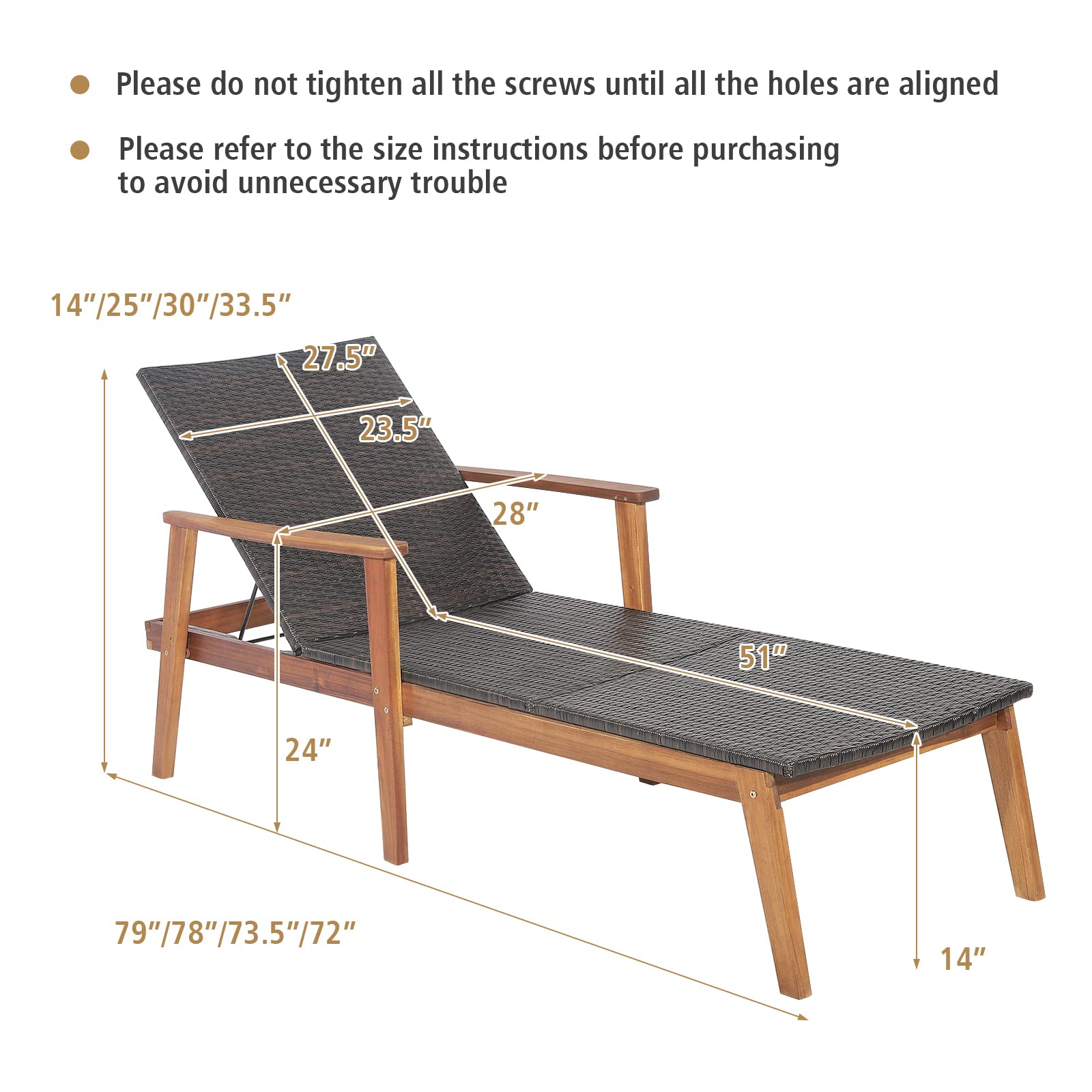 Tangkula Patio Lounge Chair, 4-Position Adjustable Recliner with Fully Flat Position, Outdoor PE Wicker Chaise Lounge with Acacia Wood Frame for Poolside, Backyard, 800 LBS Max Load (1, Mix Brown)