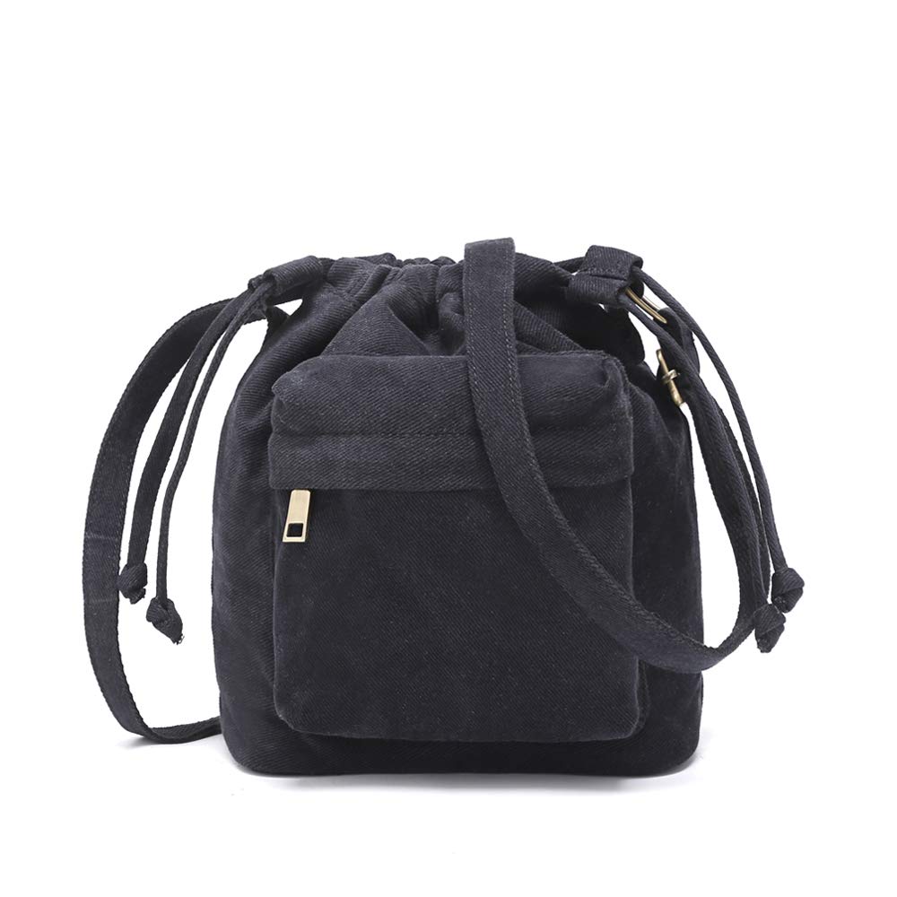 Women Small Canvas Purse Crossbody Bag Ladies Cute Little Drawstring Bucket Boho Purses, Black