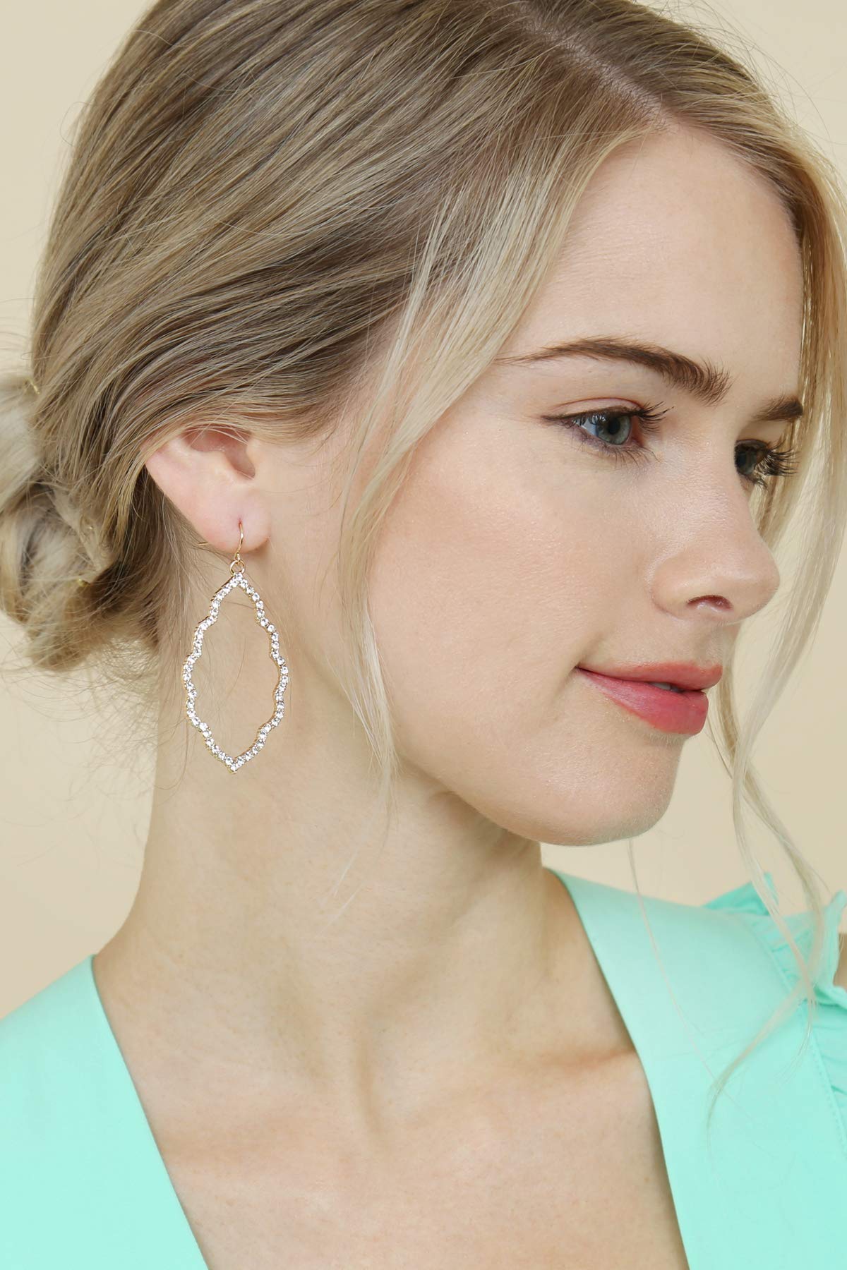 Sparkly Cubic Rhinestone Geometric Lightweight Open Hoop Earrings - Cut-Out Drop Dangles Scalloped, Moroccan, Quatrefoil Clover, Kite (Moroccan - Gold Clear)