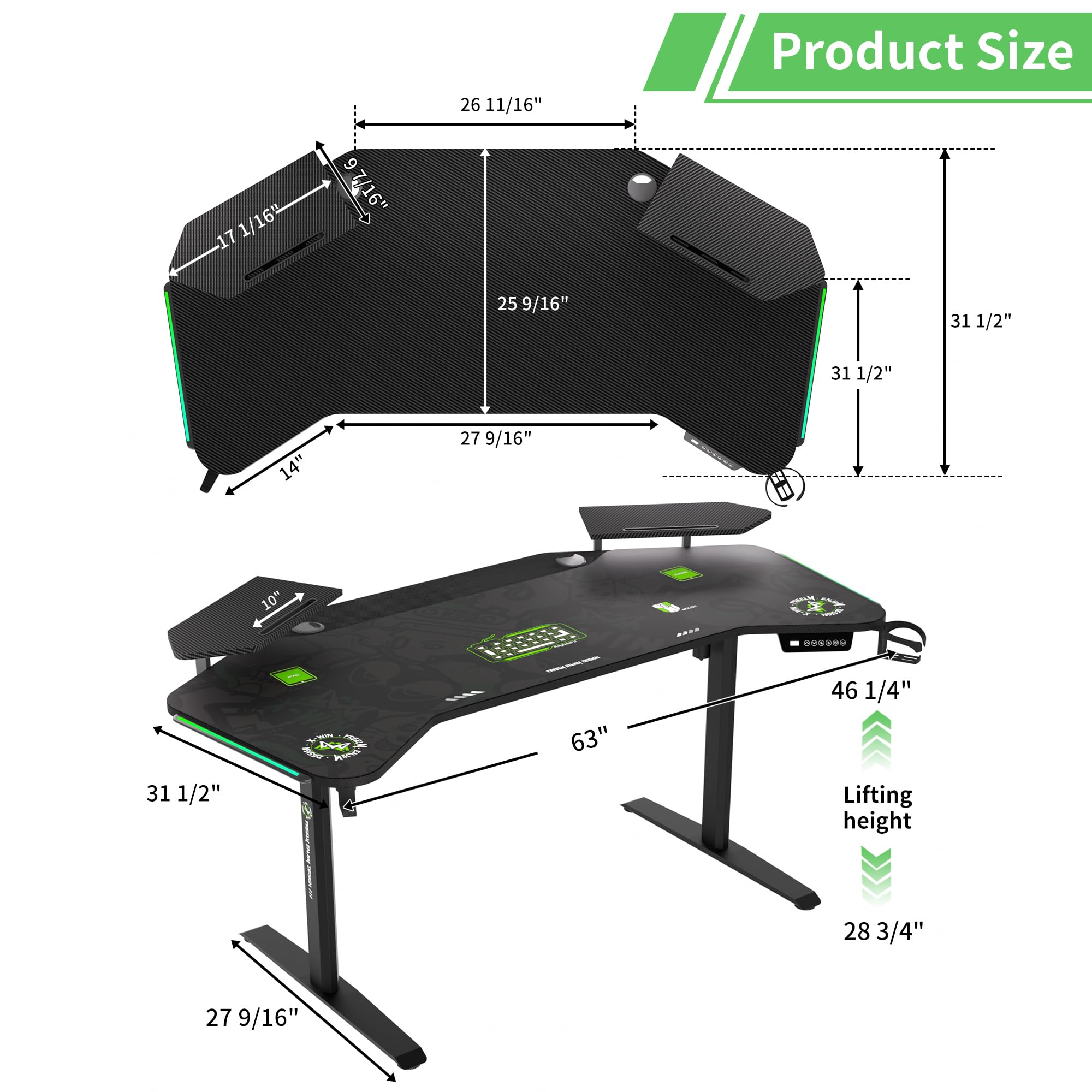 X-WIN 63" Standing Gaming Desk, Wing-Shaped Computer Desk with Full Coverage Mouse Pad, Electric Height Adjustable Standing Desk with RGB LED Lights and Slot Design Shelves for Home Office