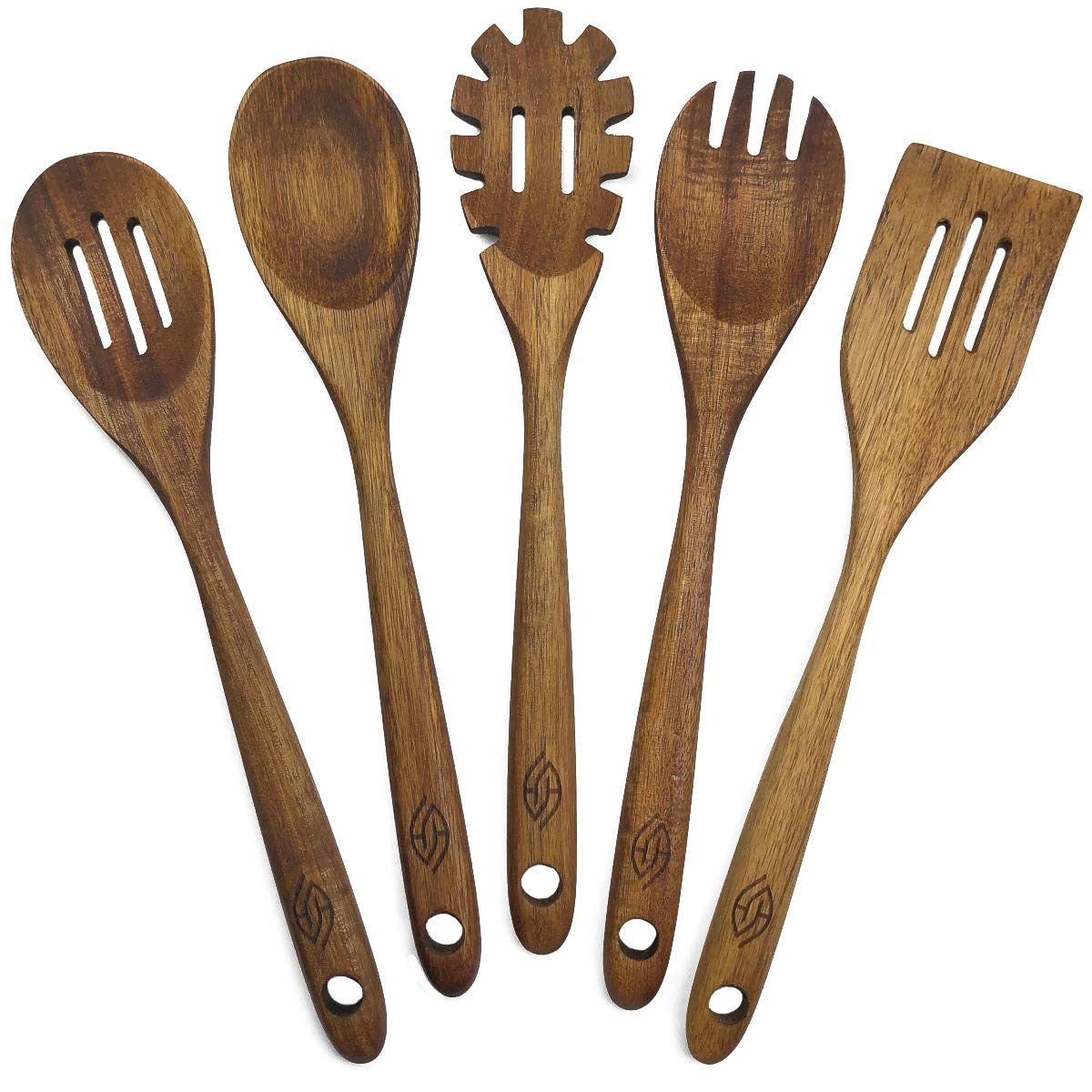 Wooden Spoons for Cooking - Kitchen Utensils Set of 5, Acacia Wood Utensil Sets, with Slotted Spoon, Salad Fork, Spatula, Pasta Server (Rich Brown)