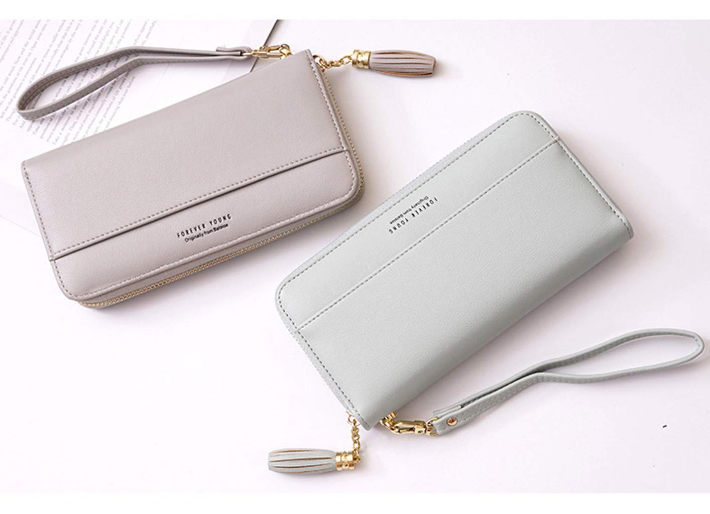 Women's Wallets Tassel zipper Bifold Ladies Cluth Wristlet Wrist Strap Large Capacity Hand-held Long Purse (Green)