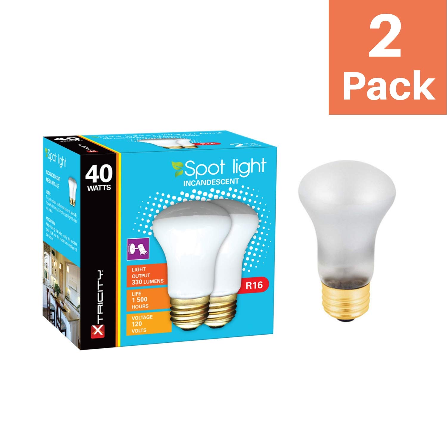 Xtricity 40W R16 Reflector Spot Light Bulb, E26 Standard Base, 330 Lumens, Dimmable, 120V, (2 Pack)