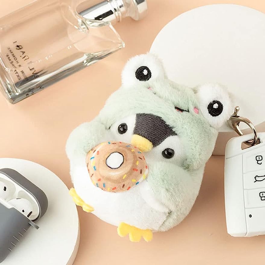 Tarieson Womens Cute Cosplay Donut Penguin Plush Pendant Keychains Keyring Gift Pendant Handbag Tote Girls Purse Backpack Decoration Accessories -Frog