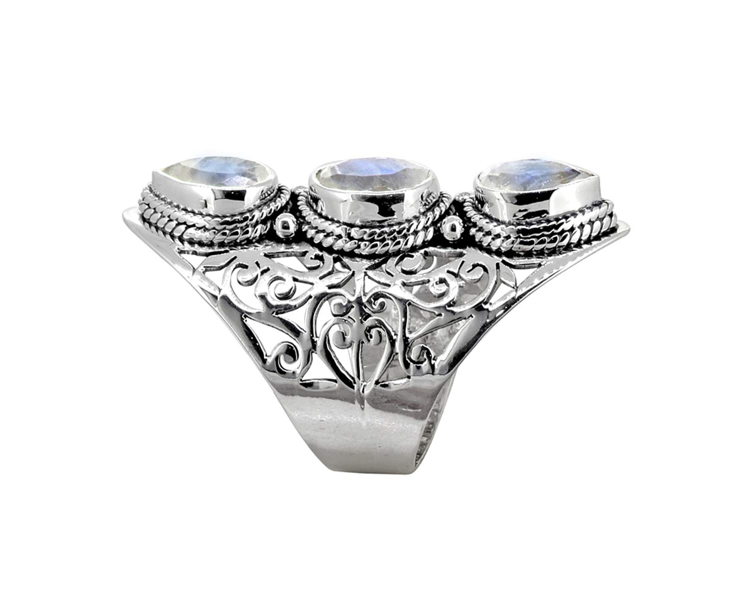 YoTreasure Moonstone Solid 925 Sterling Silver 3 Stone Ring Jewelry